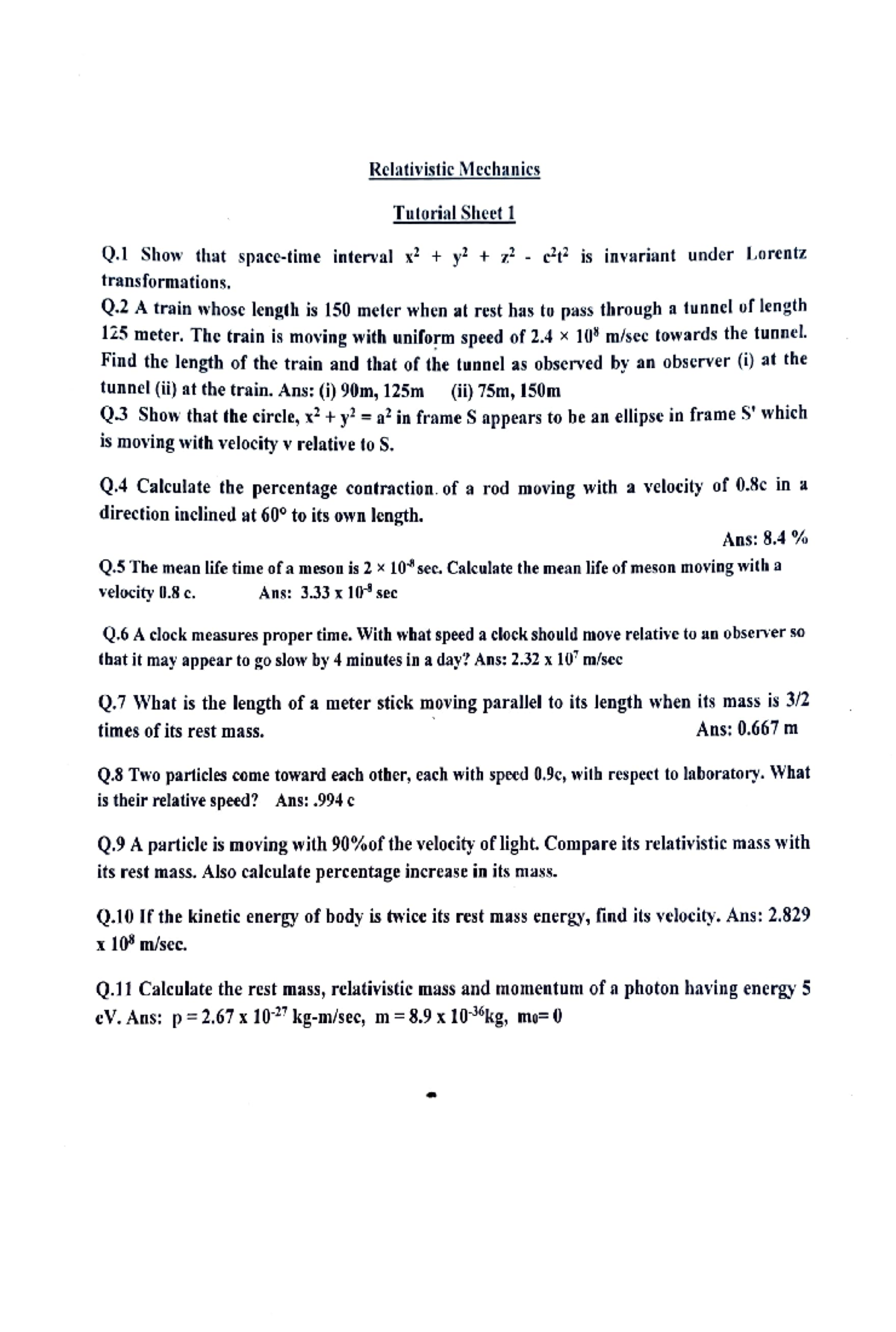 Relativity tute sheet - Relativistic Mechanies Tutorial Sheet 1 Q Show ...