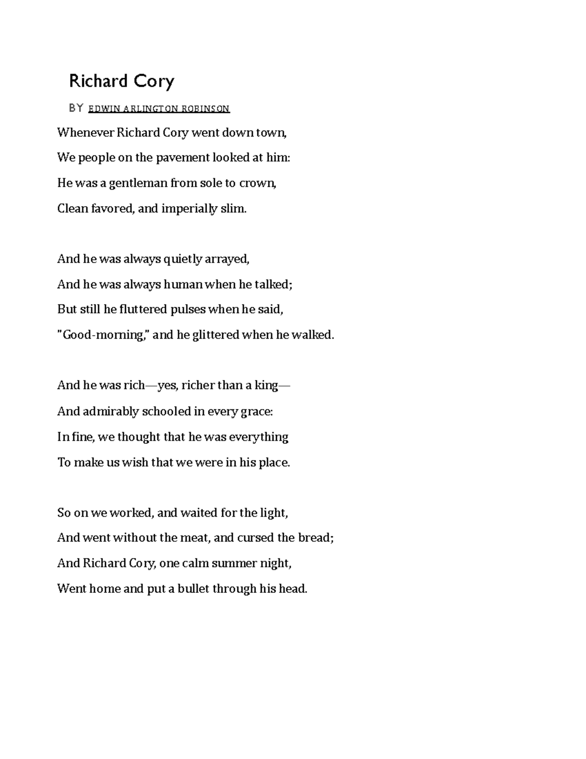 Richard-CORY - Richard Cory BY E D W I N A R L I N G T O N RO B I N S O ...