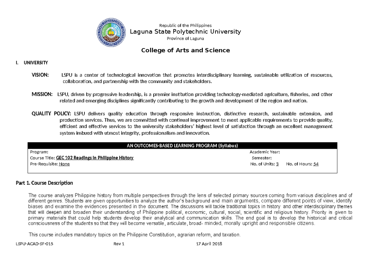 Syllabus RPH Generic - ASD - Republic of the Philippines Laguna State ...
