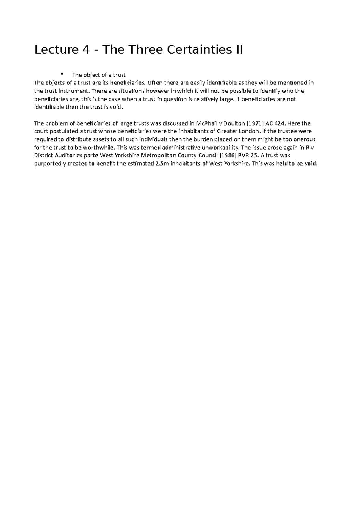 Lecture 4 - The Three Certainties - Lecture 4 - The Three Certainties II The object of a trust ...