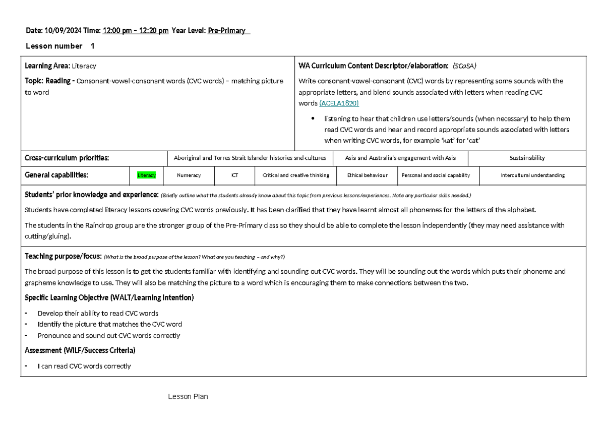 CVC Lesson Plan - Date: 10/09/2024 Time: 12:00 pm – 12:20 pm Year Level ...