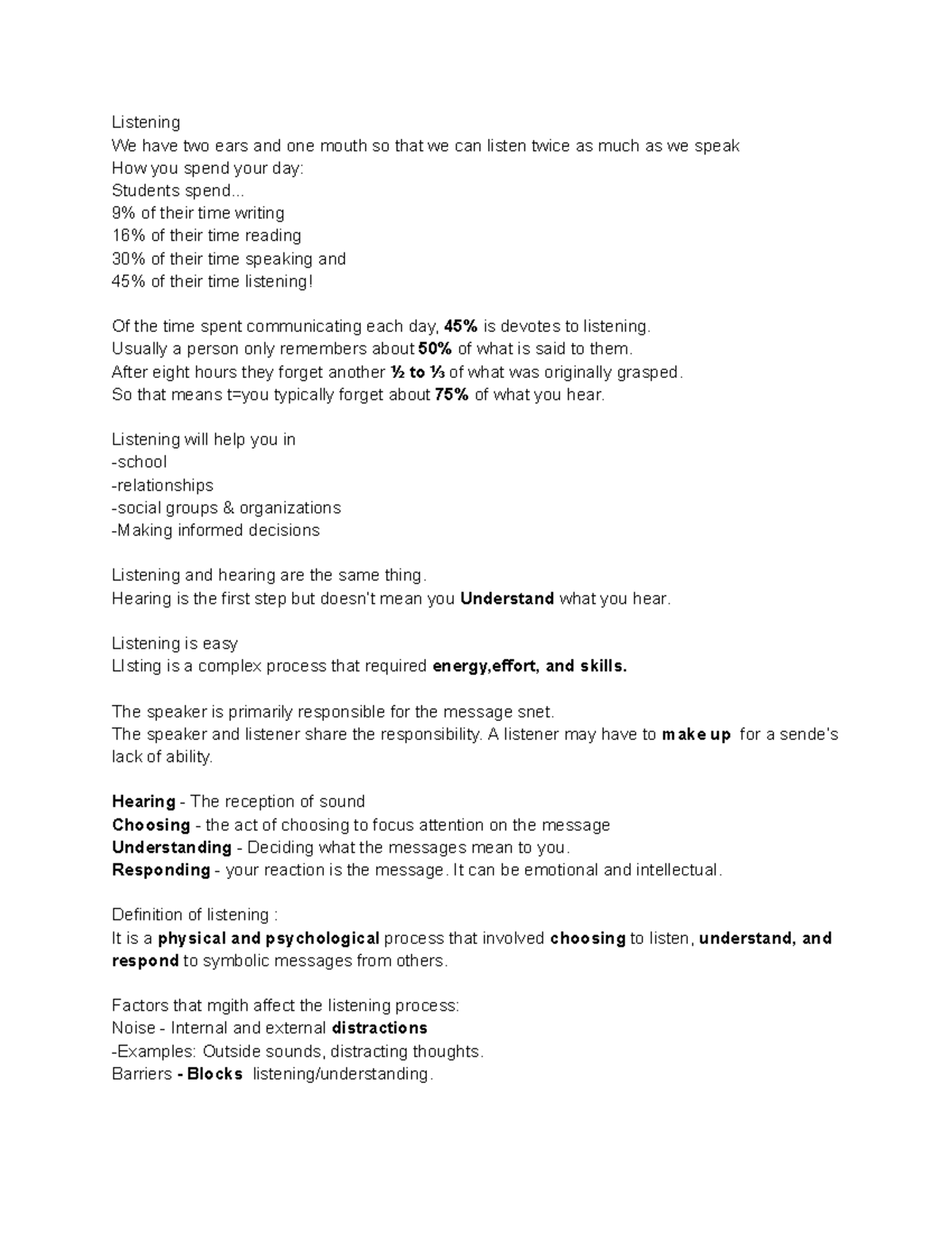 Speech notes- Listening - Listening We have two ears and one mouth so ...