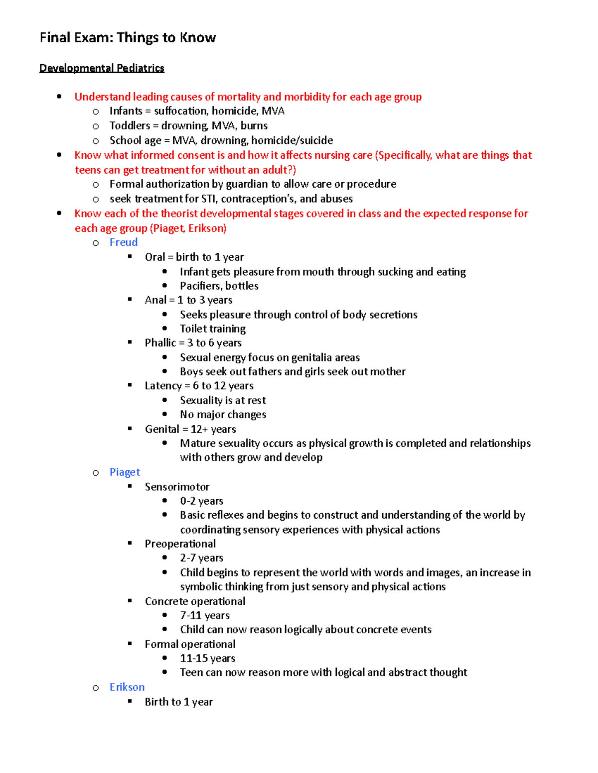 Final Exam Study Guide Peds - Final Exam: Things to Know Developmental ...