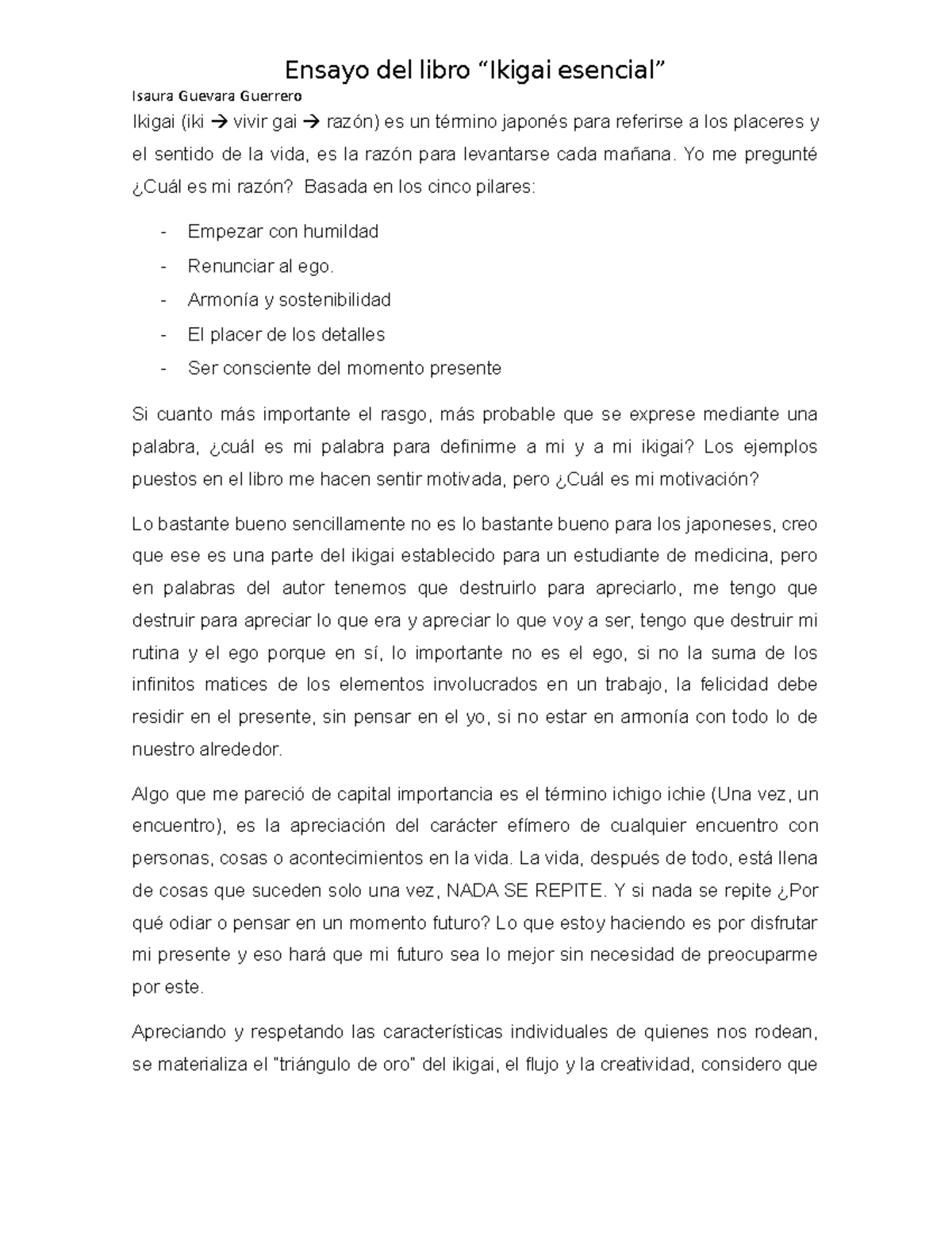 Ensayo Ikigai esencial - Ensayo del libro “Ikigai esencial” Isaura ...
