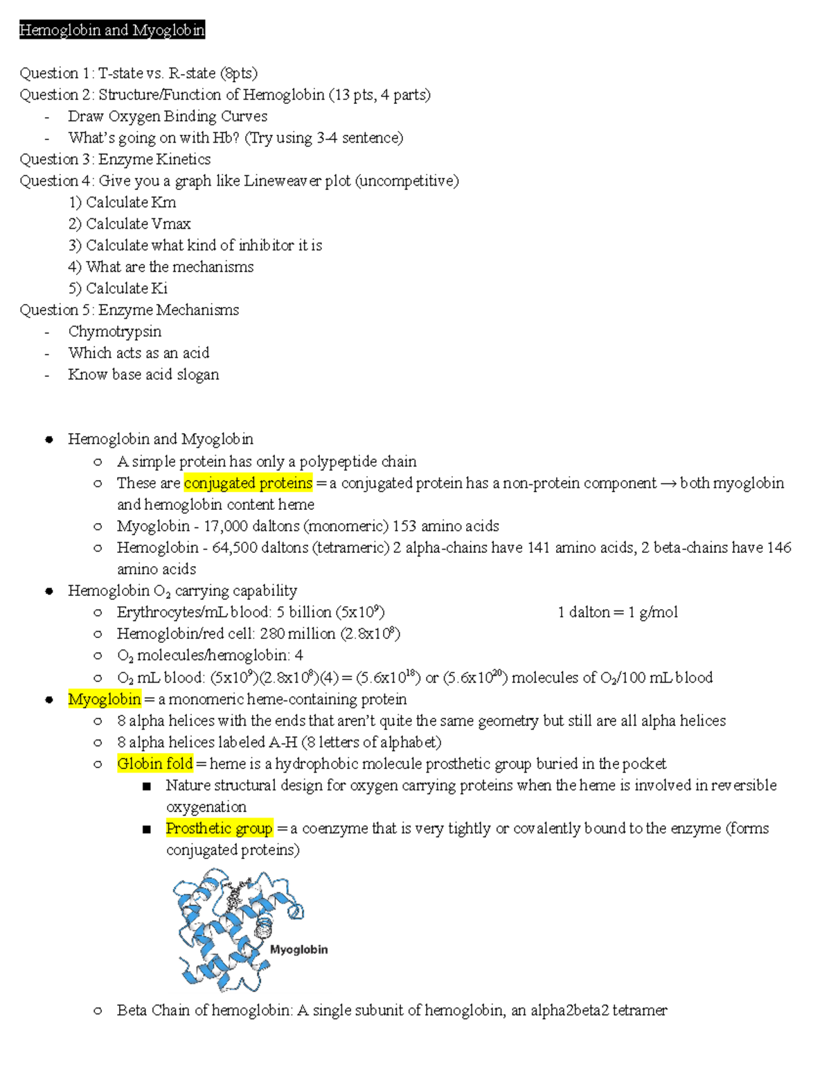 Biochemistry 153A Midterm II Study Guide - Hemoglobin and Myoglobin ...