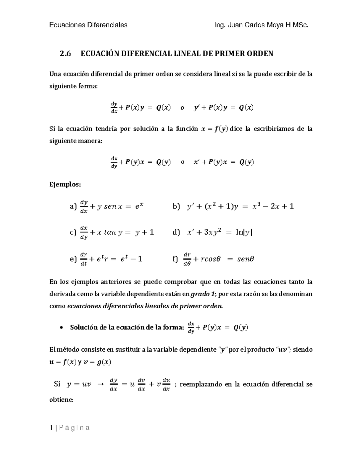 Capitulo 2.6 Ecuacion Diferencial Lineal DE Primer Orden - 2 ECUACIÓN ...