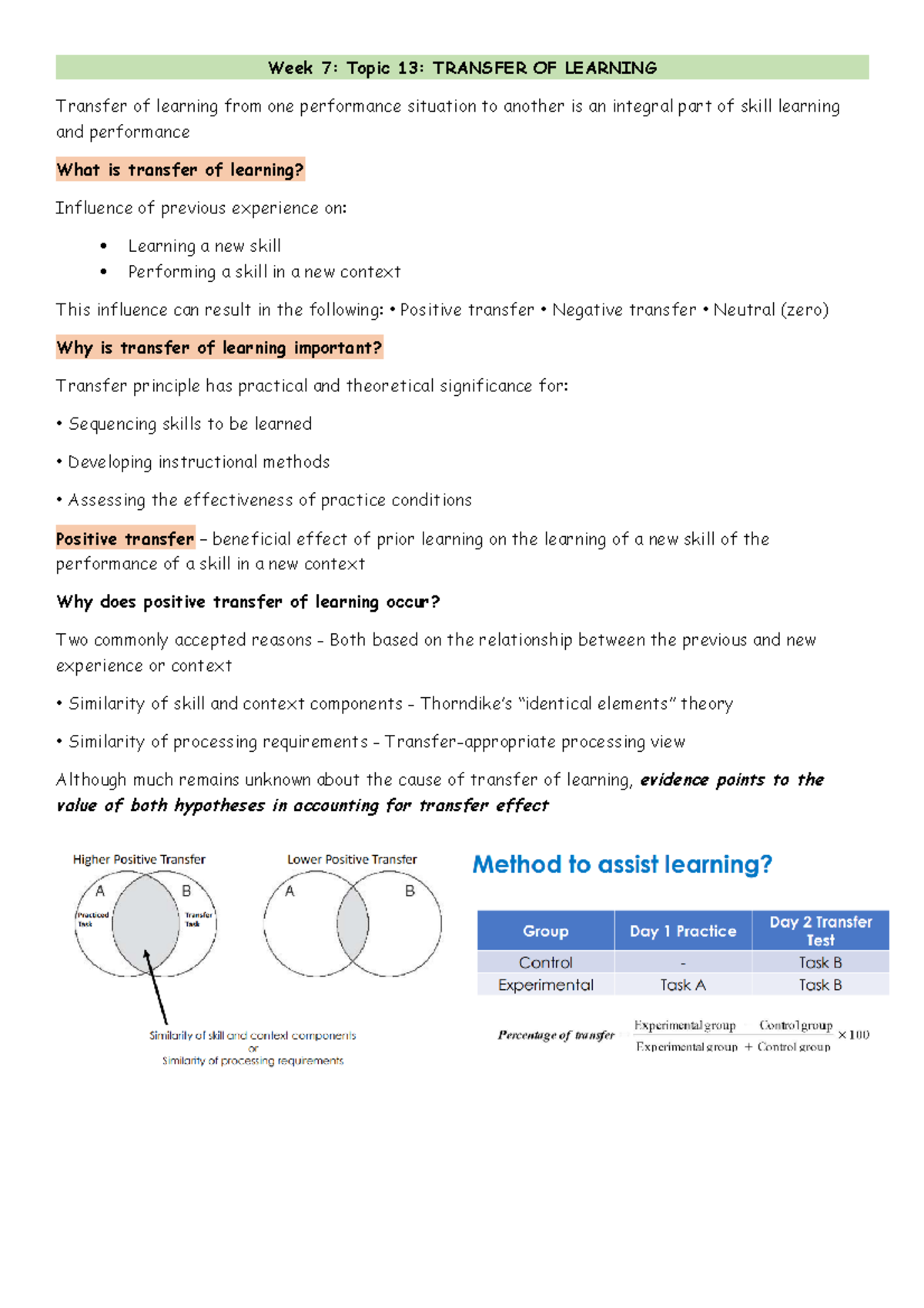 Week 7 - Lecture note of Motor control - Week 7: Topic 13: TRANSFER OF ...