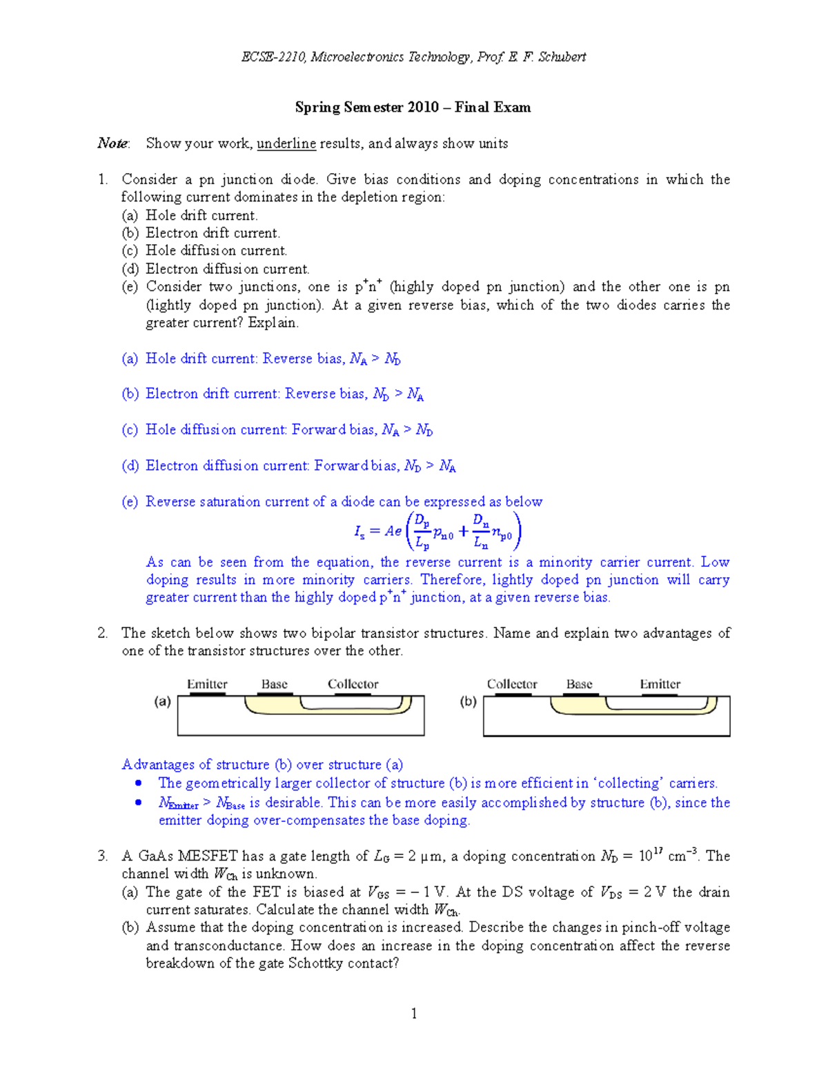 ECSE 2210 Final Exam Solutions Spring 2010 - Spring Semester 2010 – Final Exam Note: Show your ...