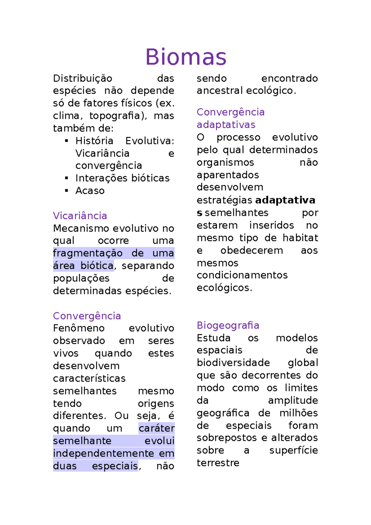 BIOA - Aula 03 - resumo bioa - Biomas Distribuição das espécies não ...