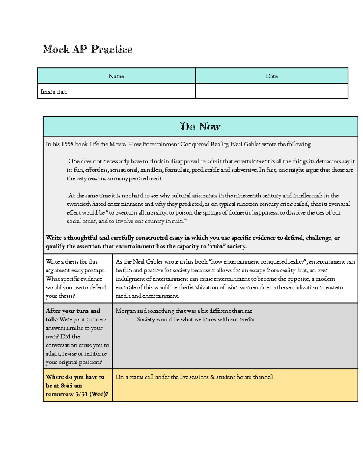 Mock AP Practice - Mock AP Practice Name Date Imara tran Do Now In his ...