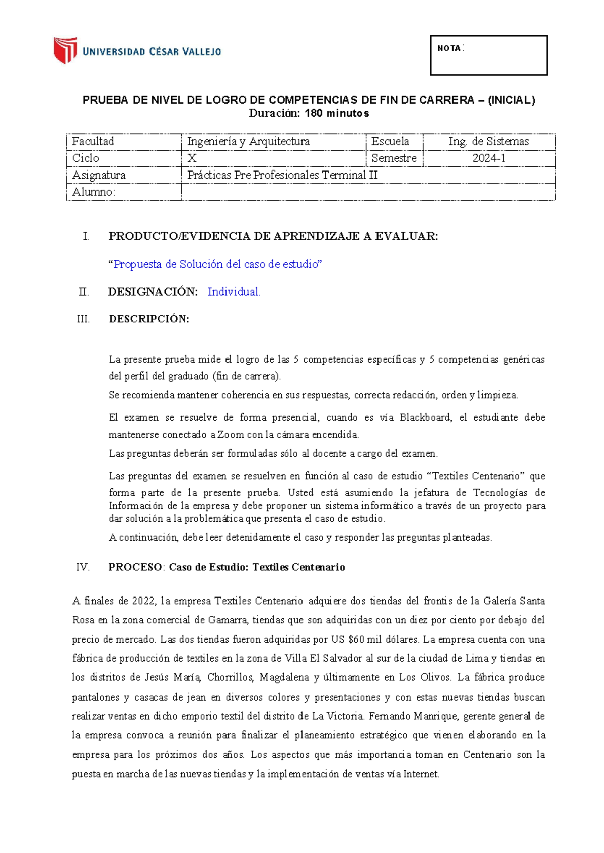 Examen PLC IV Nivel 2024-1 10mo Plan D (Entrada) - PRUEBA DE NIVEL DE LOGRO DE COMPETENCIAS DE ...
