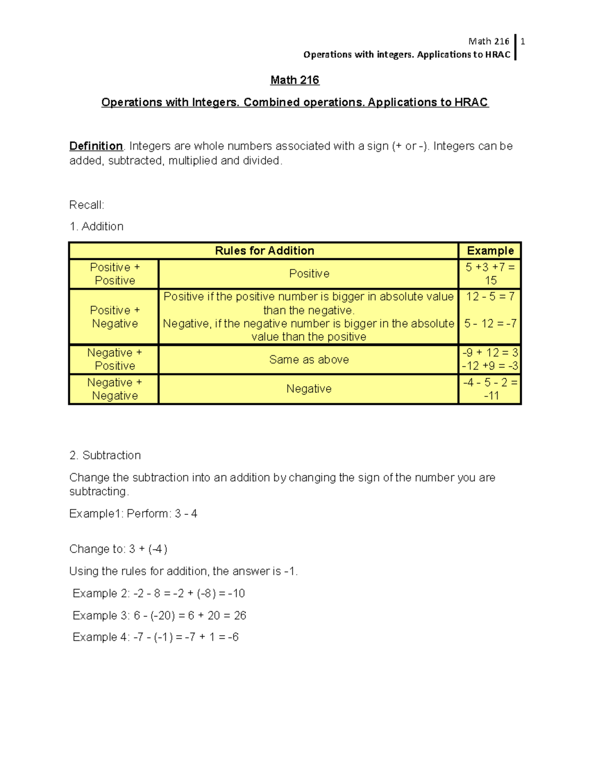 Math 216 - Operations with integers. Lesson 1-1 - Operations with integers. Applications to HRAC ...