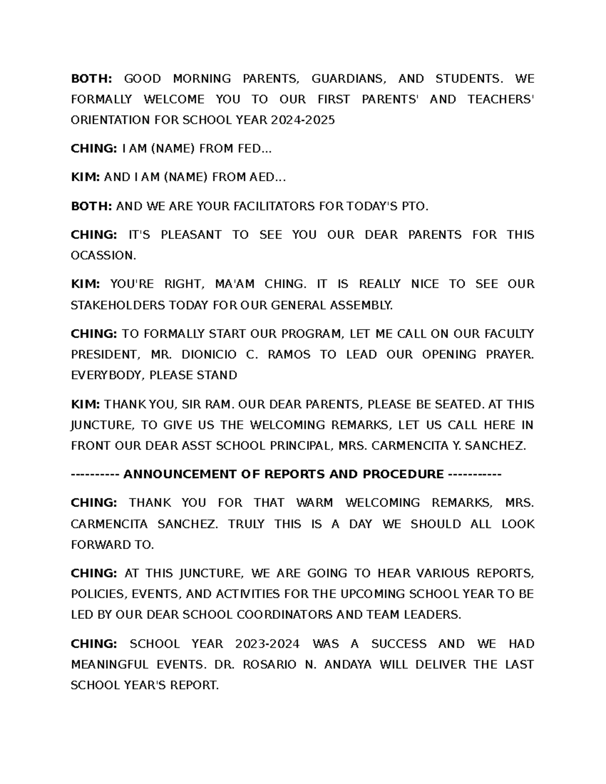 Script Namen - BOTH: GOOD MORNING PARENTS, GUARDIANS, AND STUDENTS. WE ...