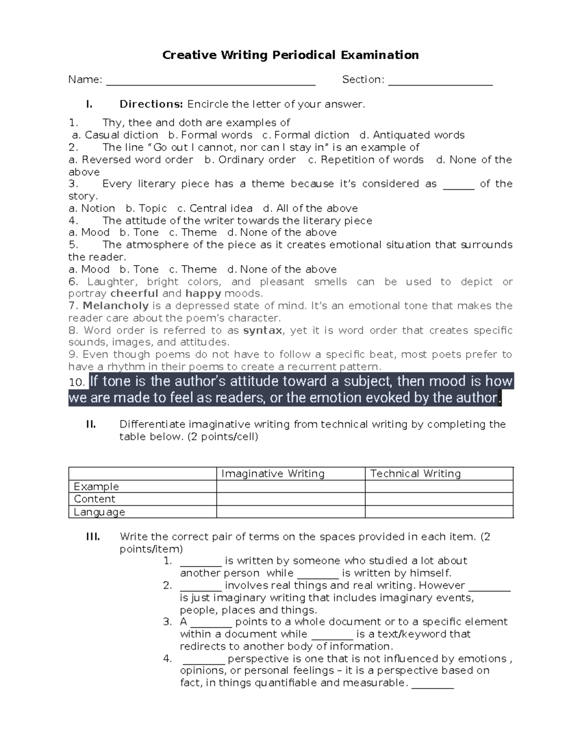 Creative-Writing Exam - Creative Writing Periodical Examination Name ...