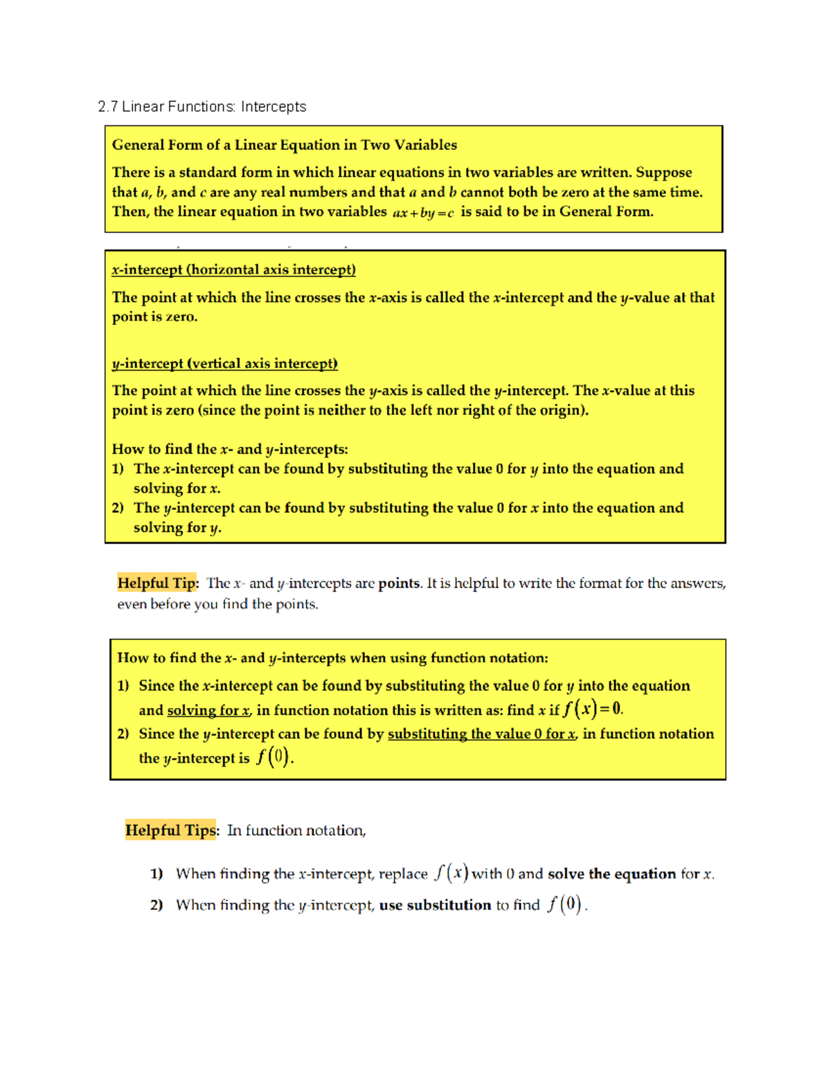 2.7 Linear Functions Intercepts - MATH021 - 2 Linear Functions ...