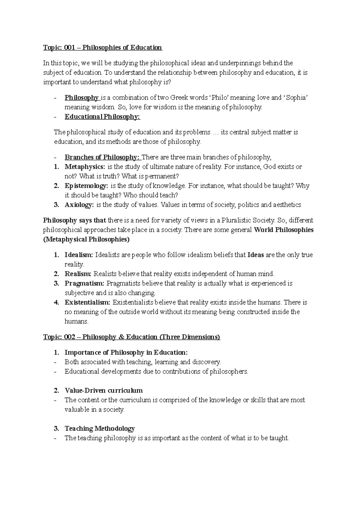 Complete handouts - Topic: 001 – Philosophies of Education In this ...