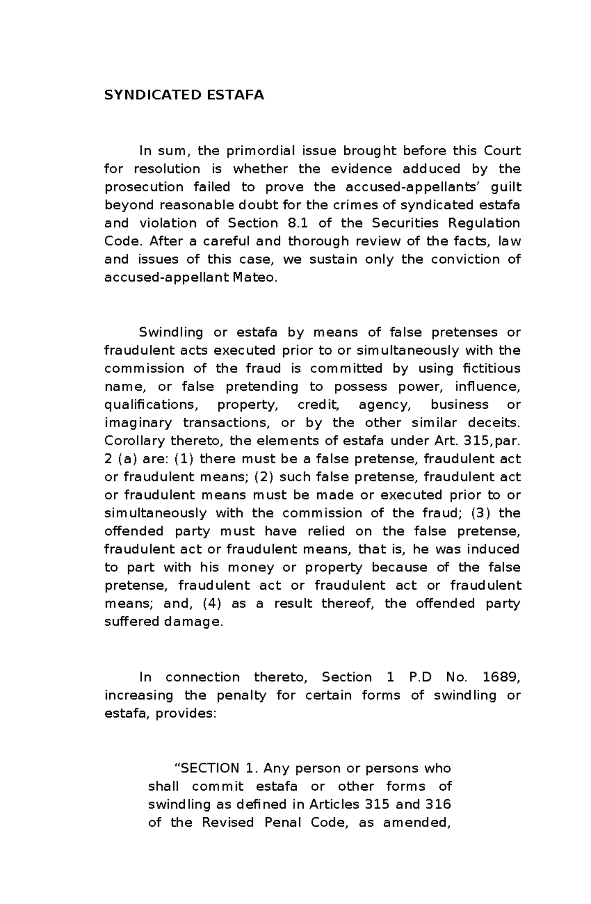 Syndicated Estafa - reference - SYNDICATED ESTAFA In sum, the ...