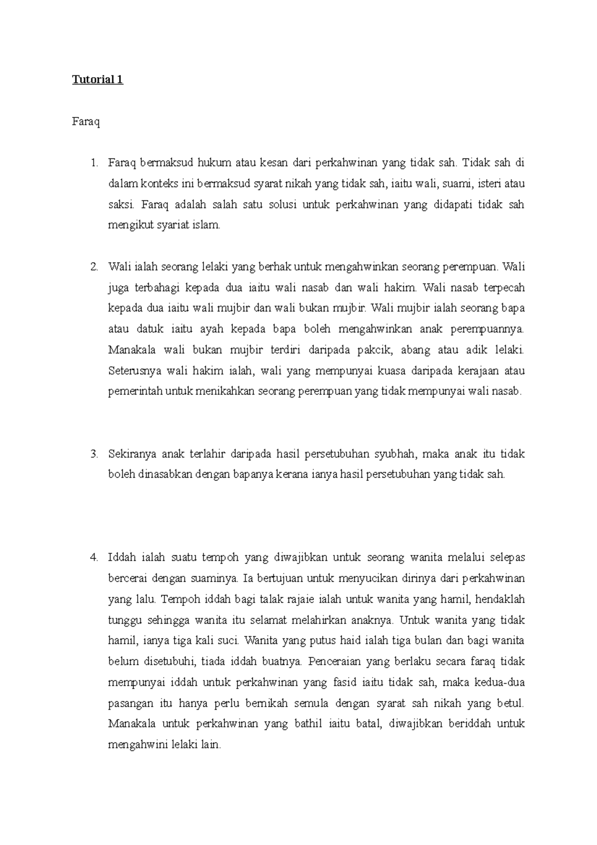 Tutorial 1+2 - ans - Tutorial 1 Faraq Faraq bermaksud hukum atau kesan dari perkahwinan yang ...