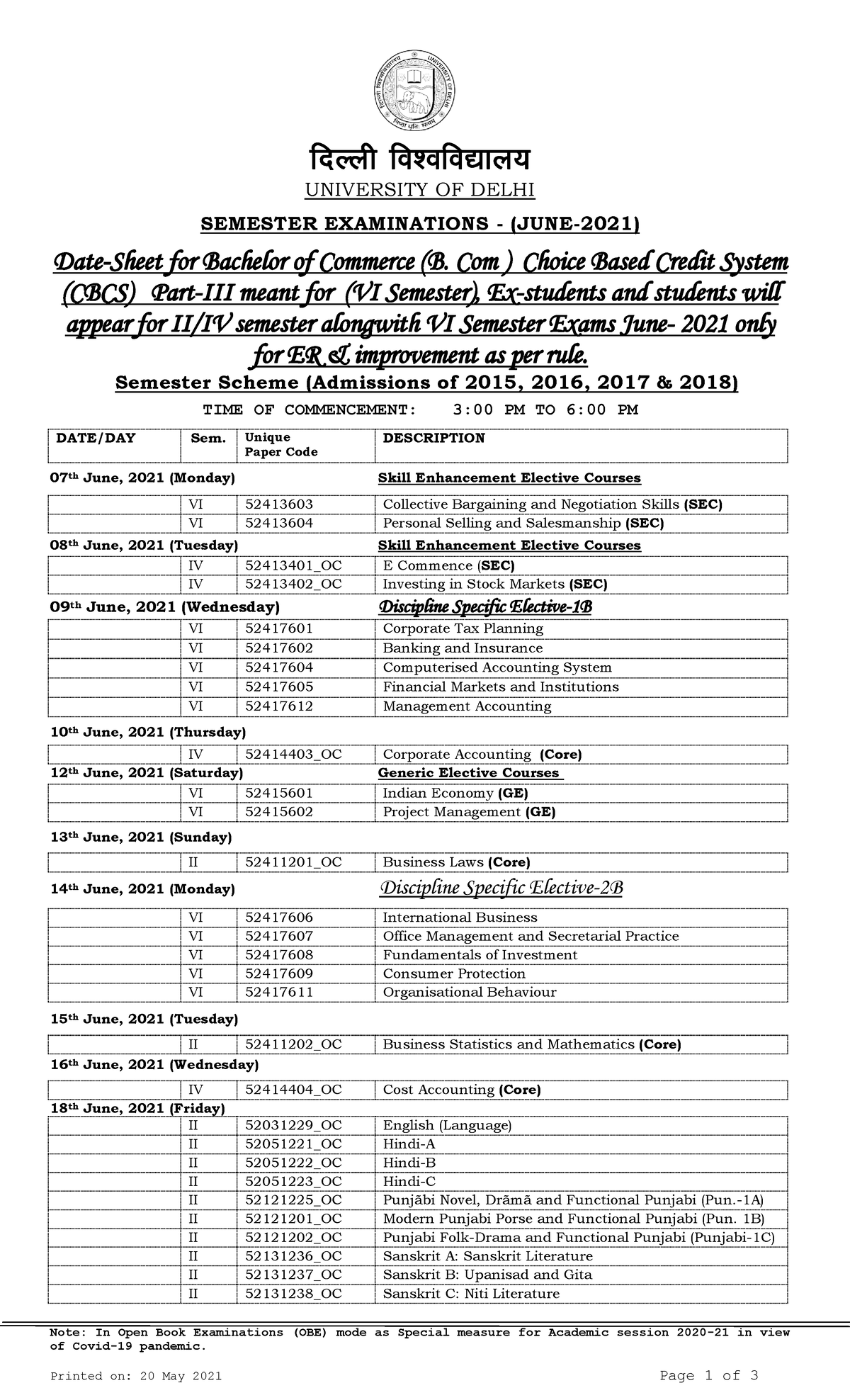 BCOM-2020-II-IV-VI SEM(CBCS) - Note: In Open Book Examinations (OBE) mode as Special measure for ...