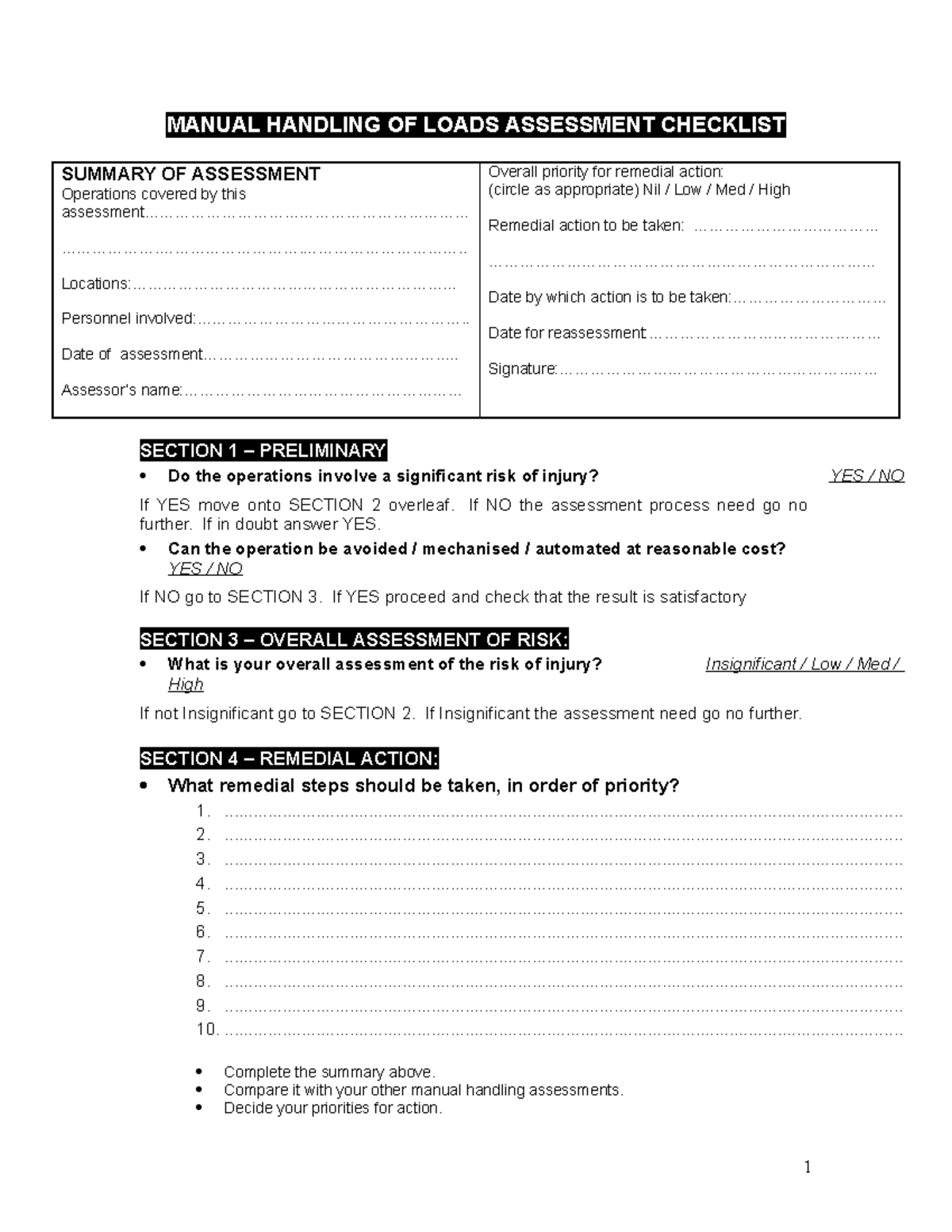 Manual Handling OF Loads Assessment Checklist - MANUAL HANDLING OF ...