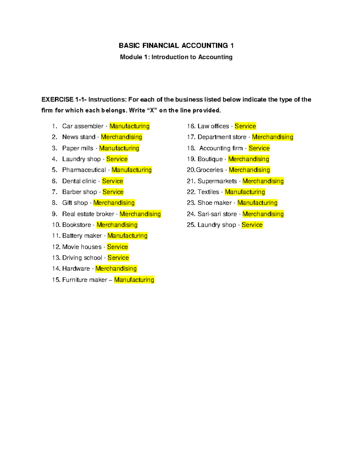 BFA1 M1 Exercise 1-1 - BASIC FINANCIAL ACCOUNTING 1 Module 1 ...