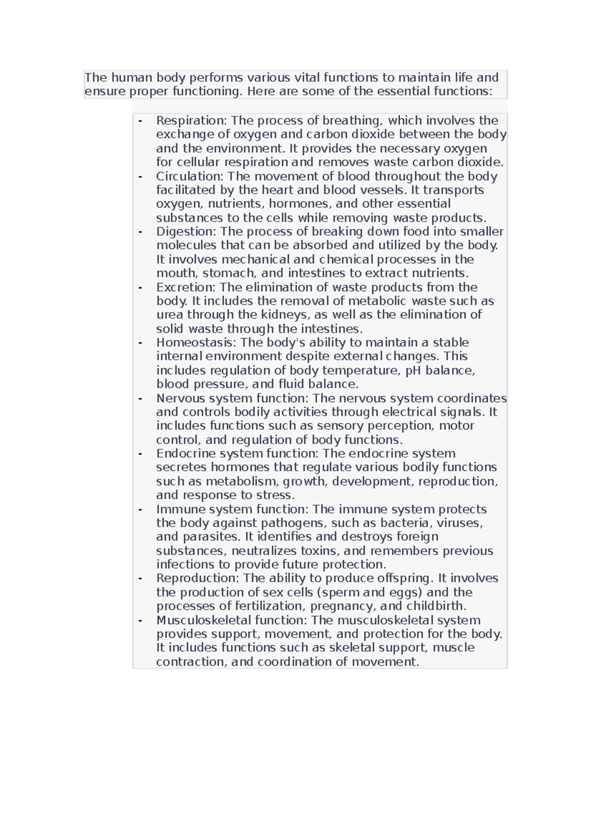 The vital functions in the human being - The human body performs ...