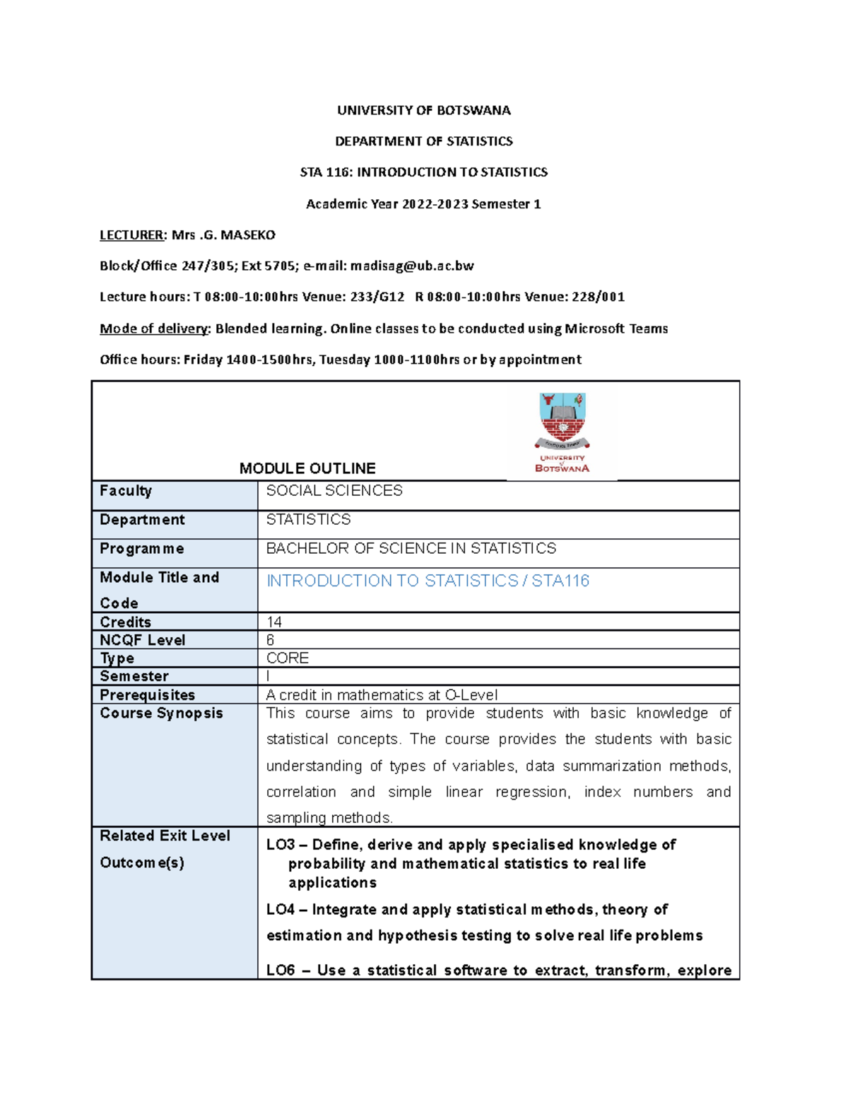 STA 116 Lec04 Course Outline Academic Year 2022-2023 Semester 1 9th ...