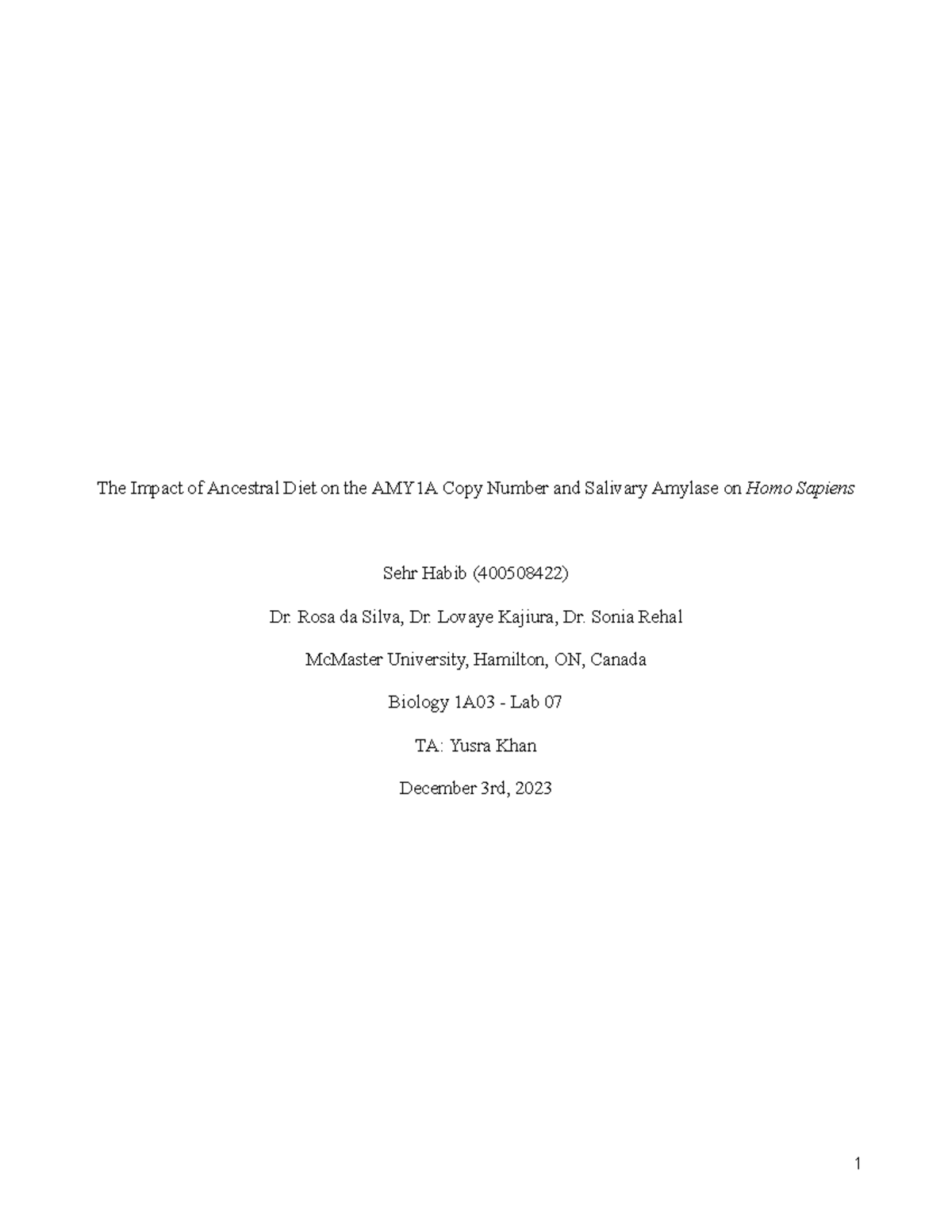 BIO 1A03 LAB Report - The Impact of Ancestral Diet on the AMY1A Copy ...