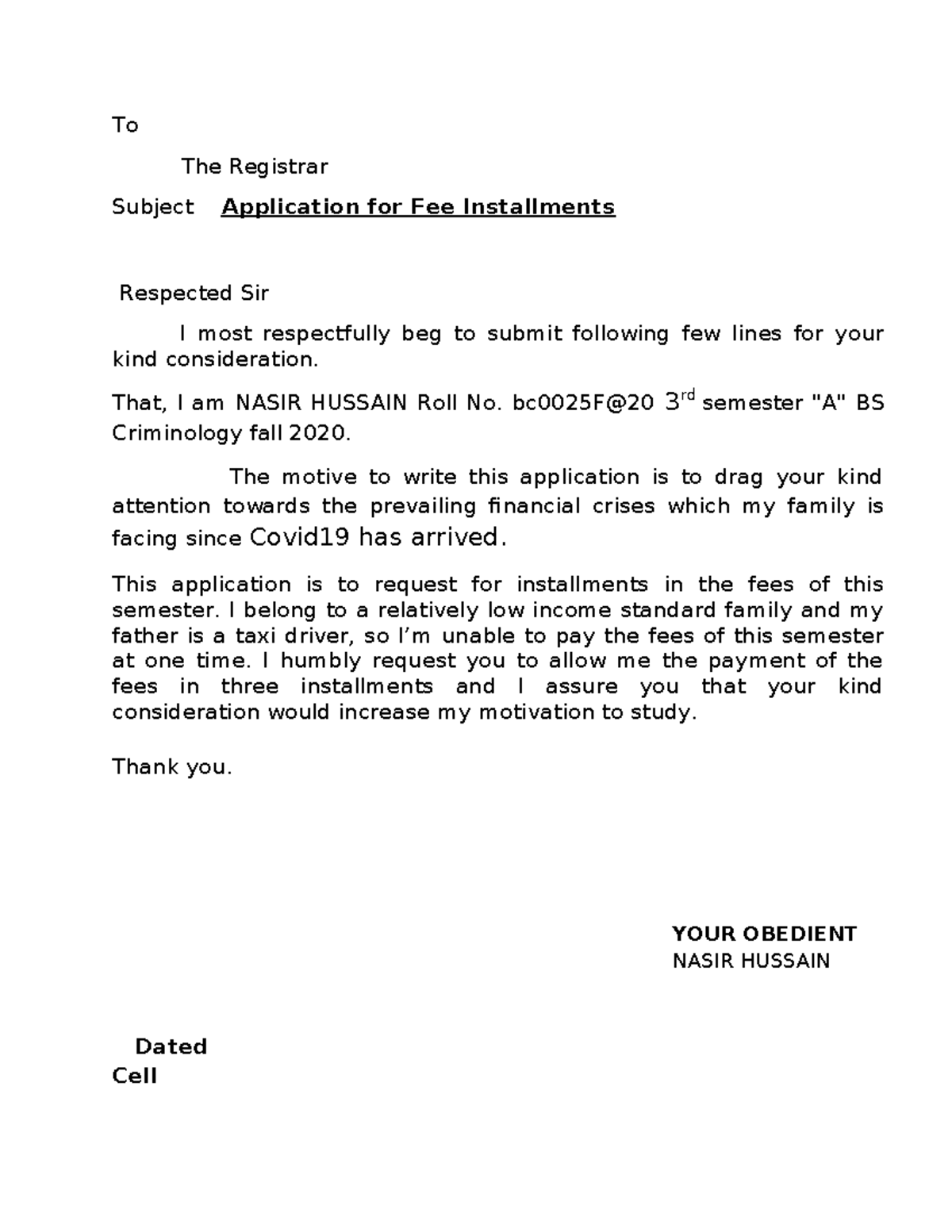 Nasir hussain fee installment Application - To The Registrar Subject ...