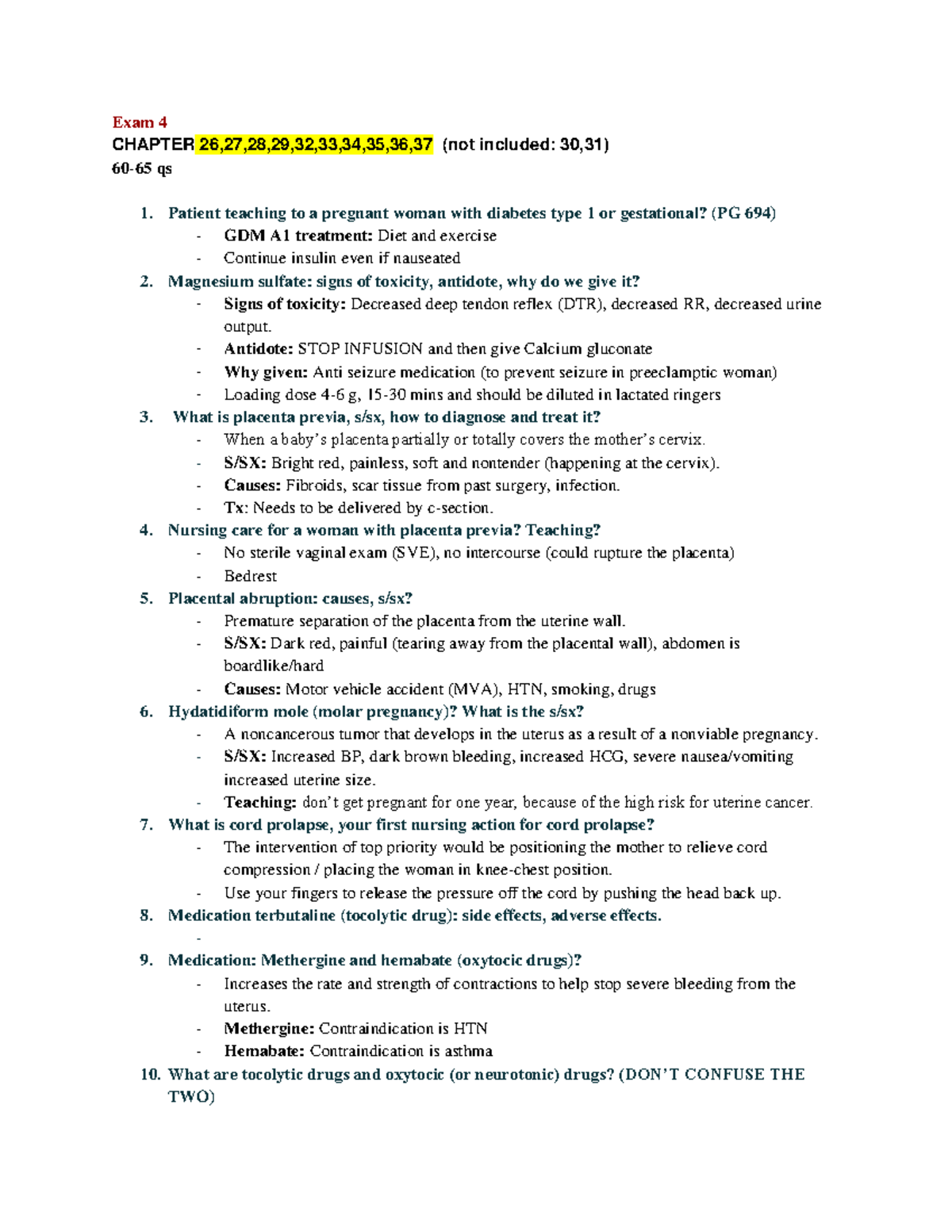 OB EXAM 4 Review - Exam 4 CHAPTER 26,27,28,29,32,33,34,35,36,37 (not ...