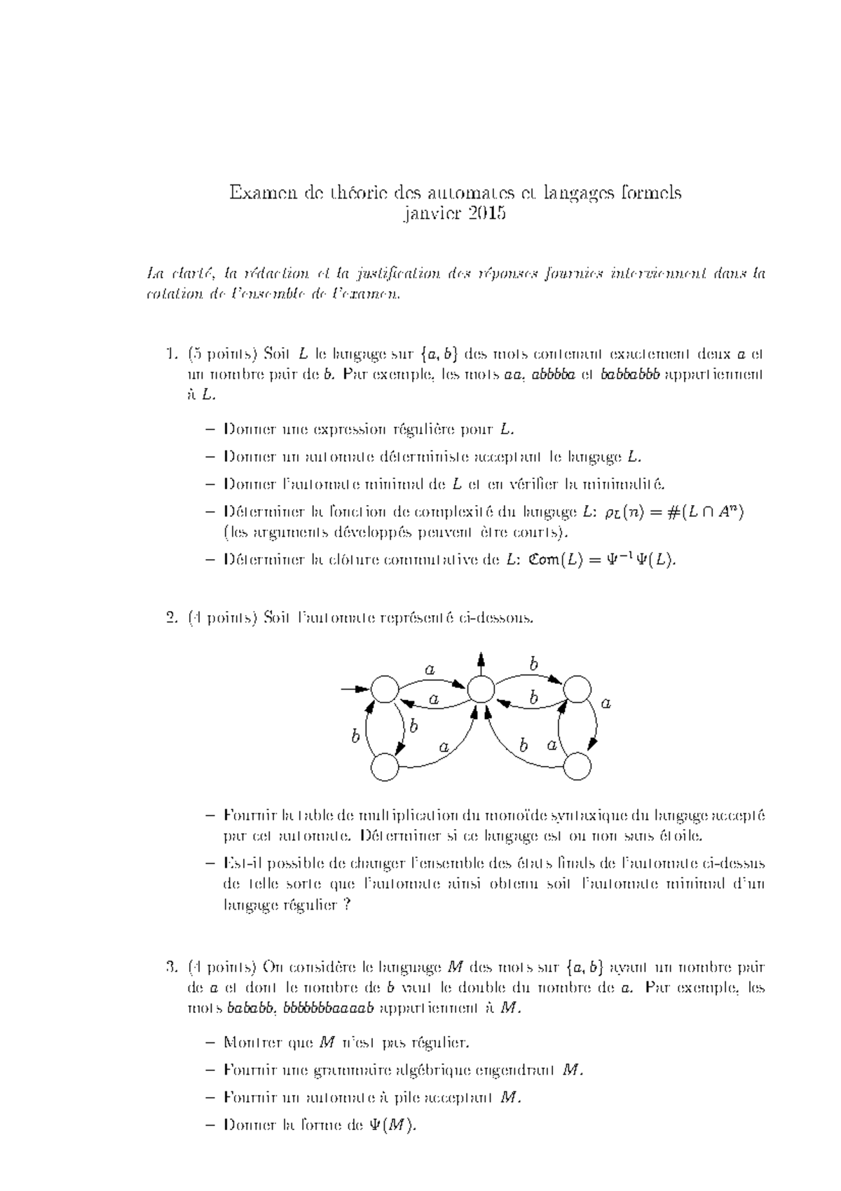 Examen janvier 2015, questions - Examen de des automates et langages ...