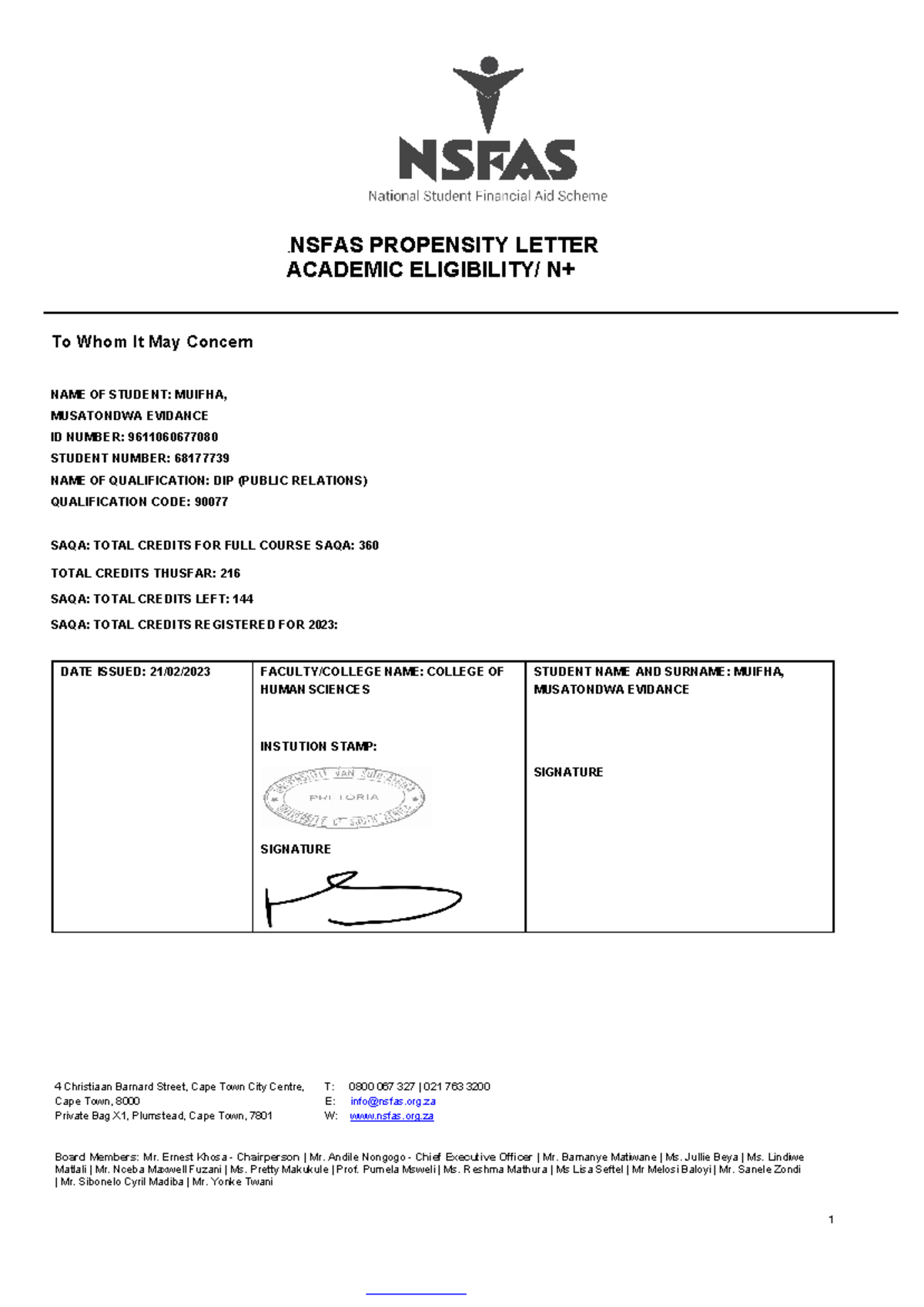 Required by most students - RRNSFAS PROPENSITY LETTER ACADEMIC ...
