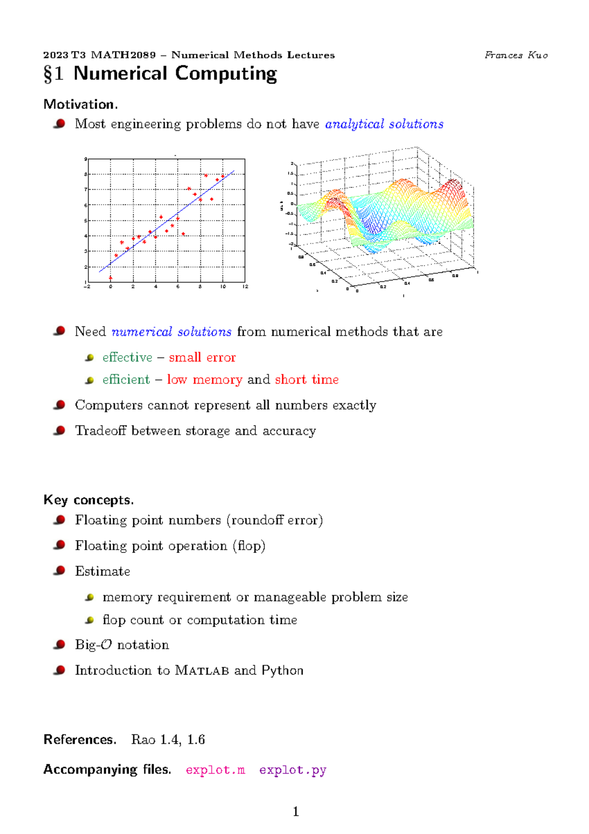 MATH2089-NM-Lectures - 2023 T3 MATH2089 – Numerical Methods Lectures Frances Kuo 1 Numerical ...