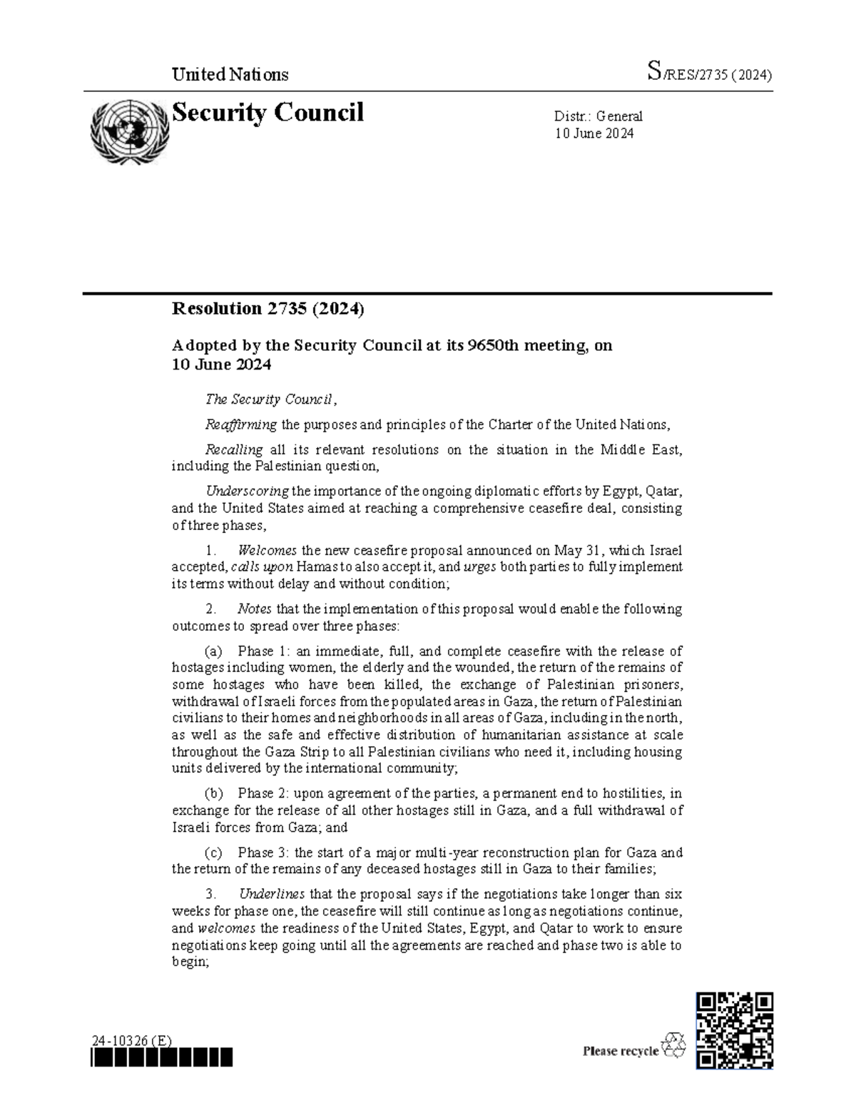 10TH JUNE 2024 UN Resolution - United Nations S/RES/2735 (2024 ...