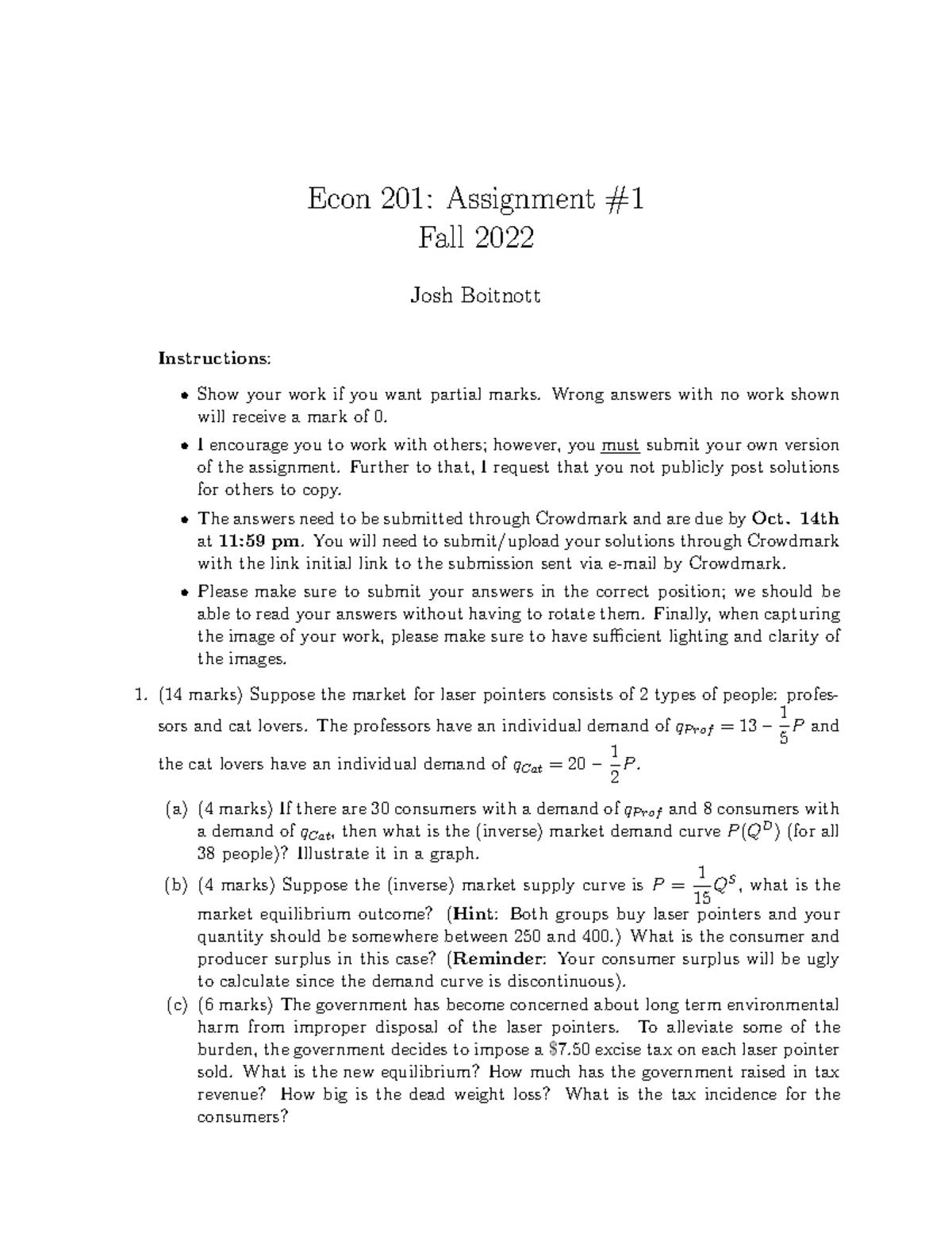 Econ201 A#1 F22 - Exam prep questions - Econ 201: Assignment Fall 2022 ...