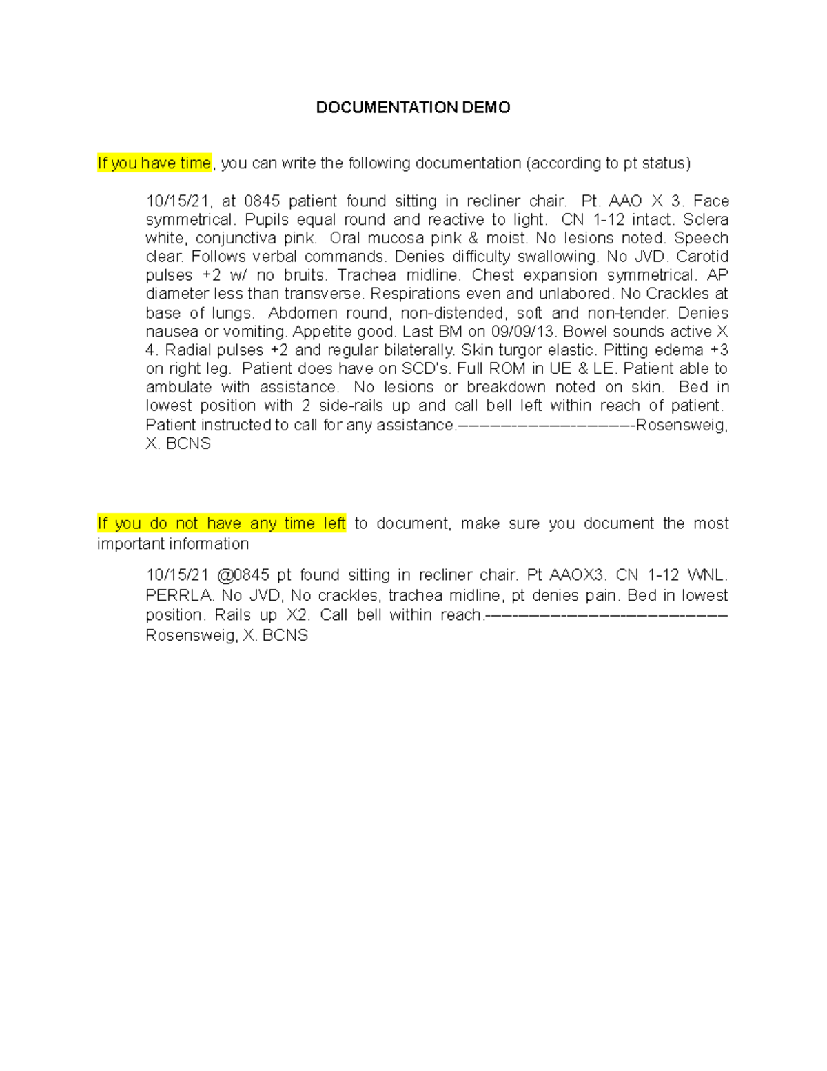 Documentation Head to toe assessment - DOCUMENTATION DEMO If you have ...