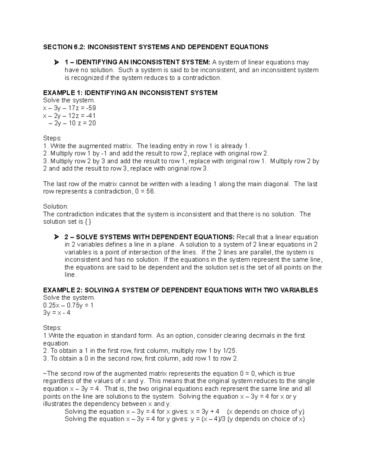 Section 6 - SECTION 6: INCONSISTENT SYSTEMS AND DEPENDENT EQUATIONS 1 ...