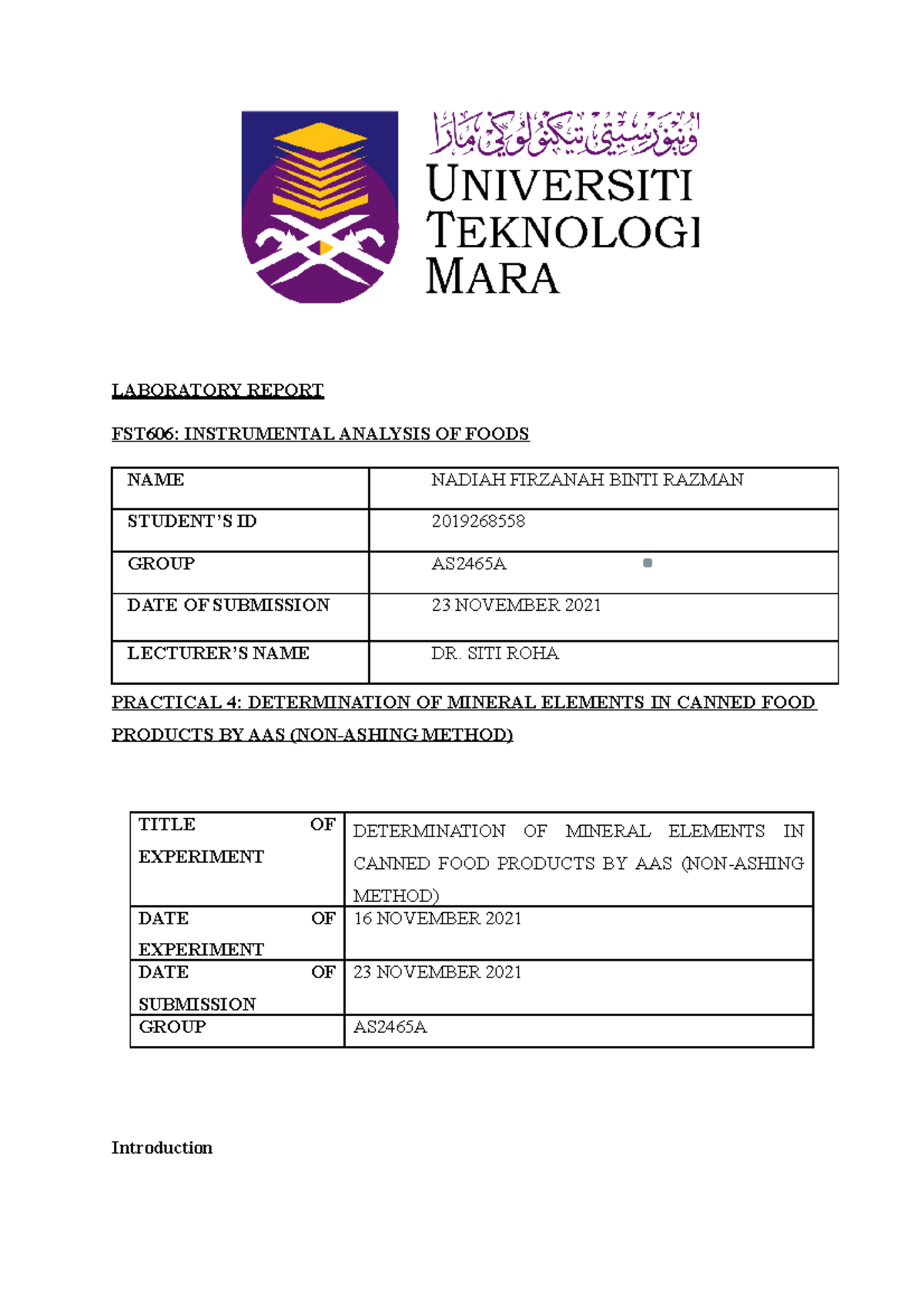 Laboratory Report - hehe - LABORATORY REPORT FST606: INSTRUMENTAL ...