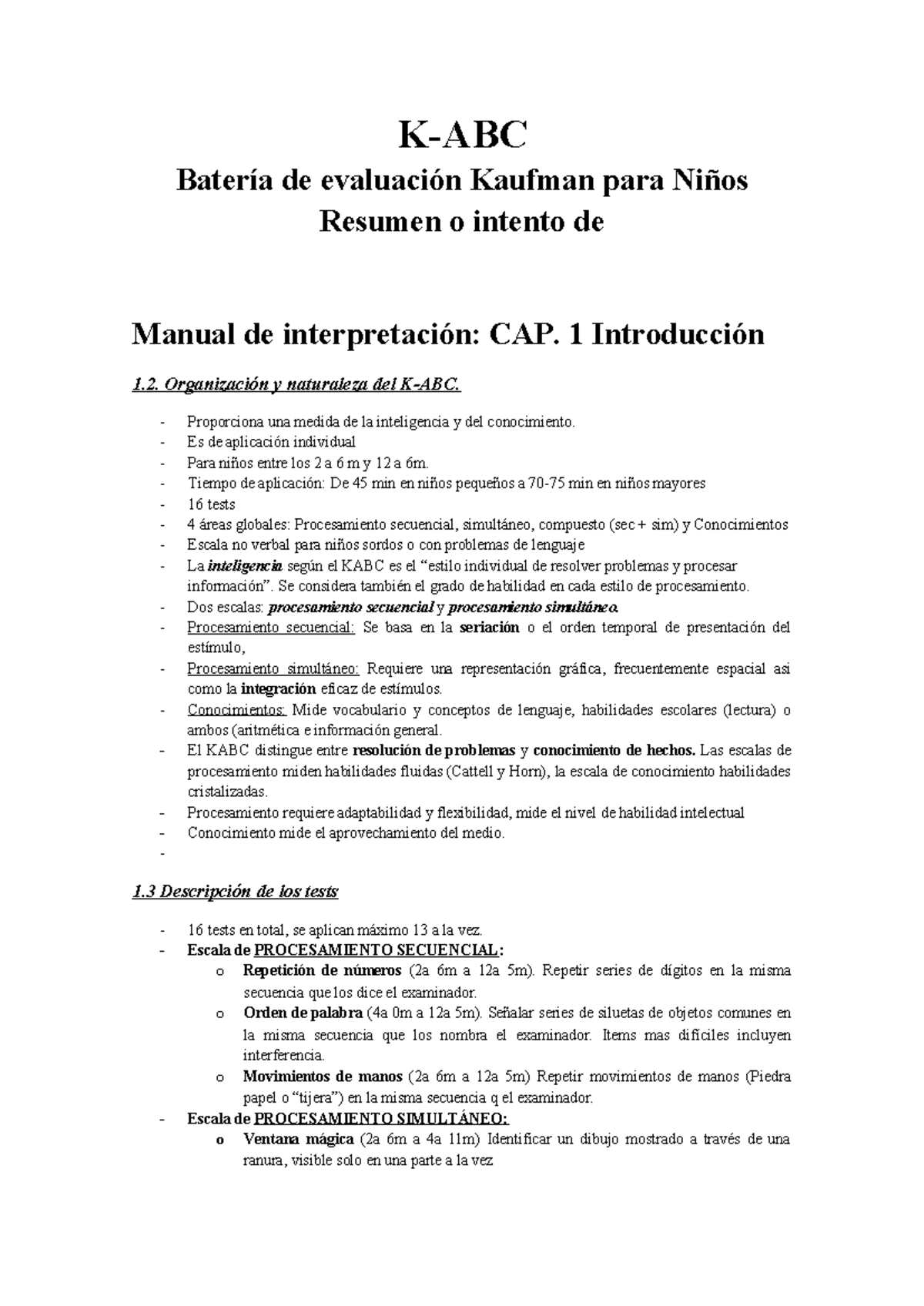 Batería de evaluación Kaufman para Niños Resumen o intento de - K-ABC ...