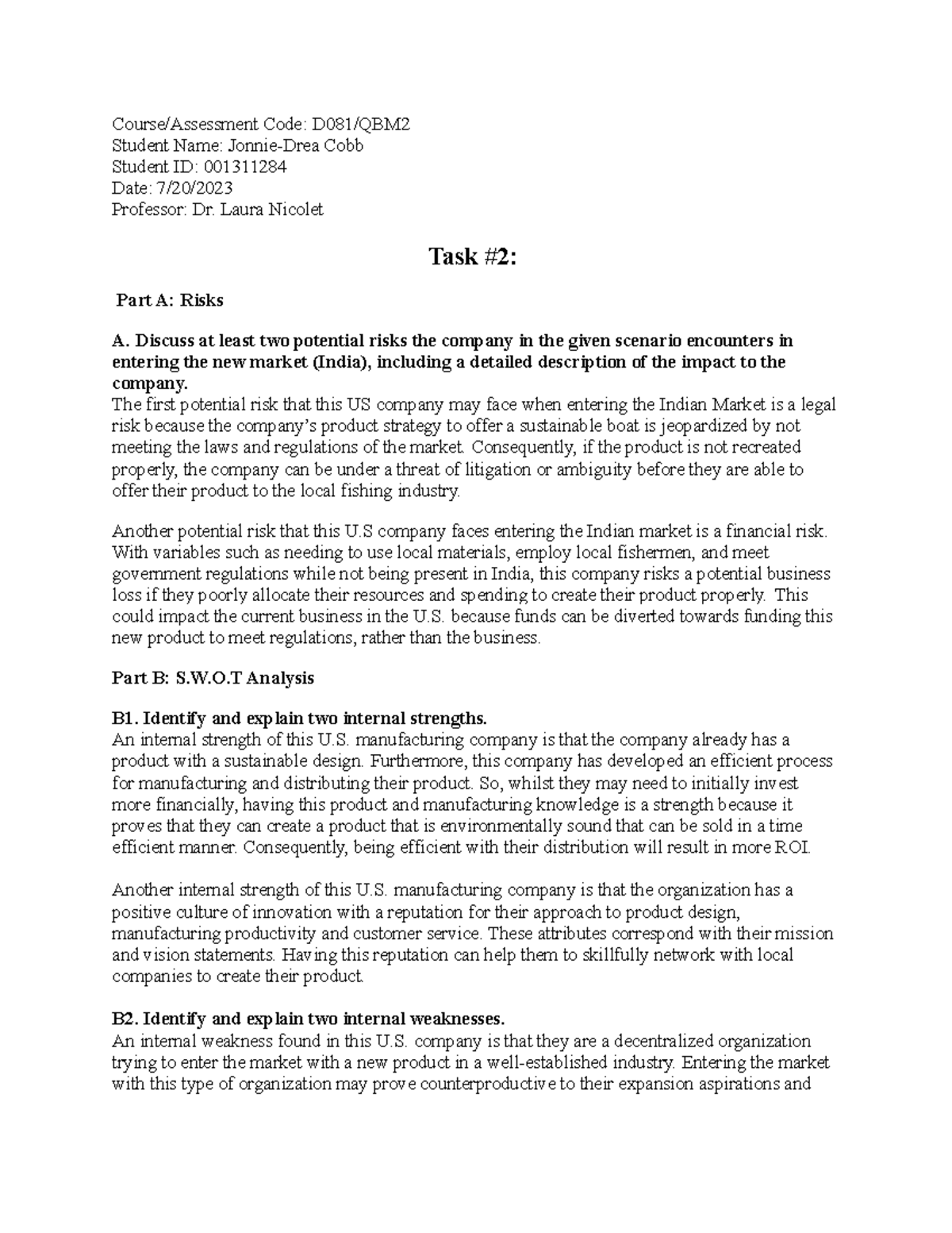 D081 Task 2-Innovative Strategic Thinking - Course/Assessment Code ...