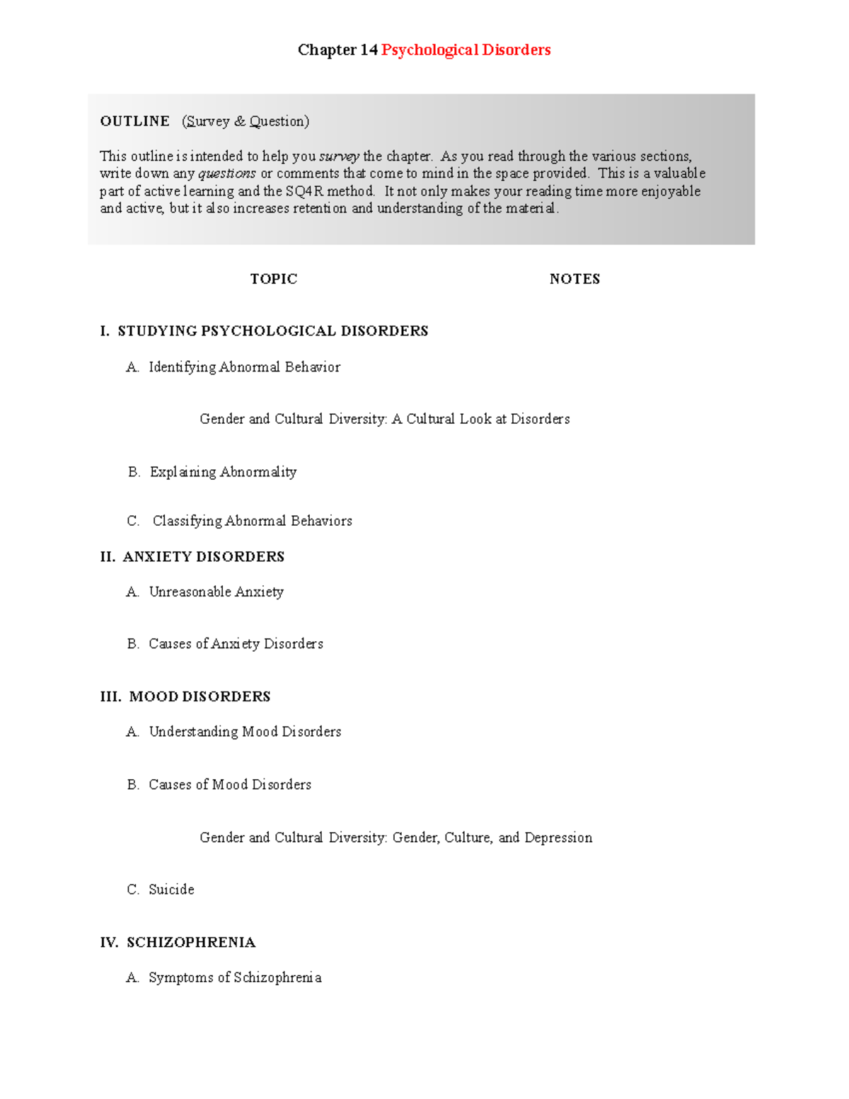 Ch14 Psychological Disorders - Chapter 14 Psychological Disorders OUTLINE (Survey & Question ...