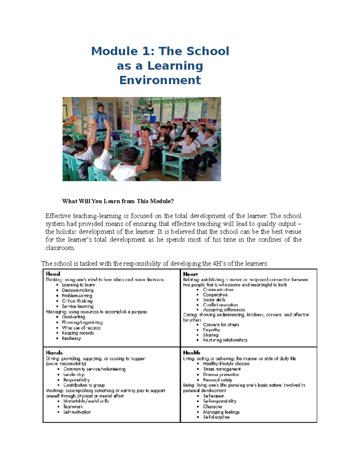 Module 1 - Field Study - Module 1: The School as a Learning Environment ...