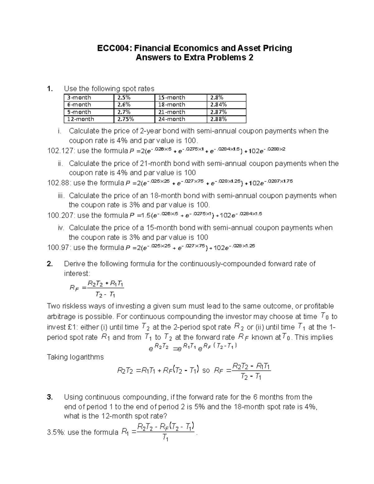 Extra Problems 2 (Bonds and Bond Risk) Answers - ECC004: Financial ...
