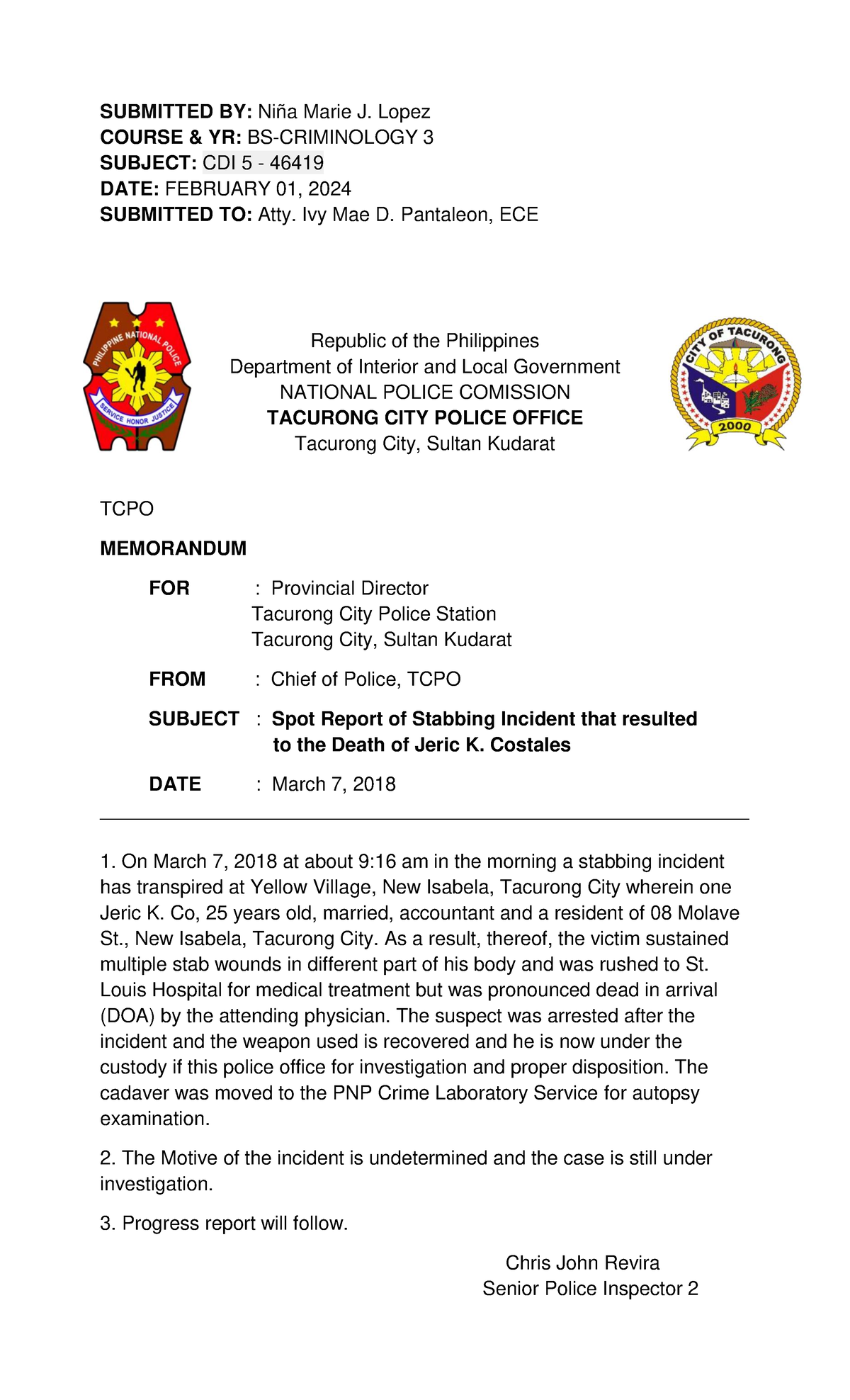 CDI 5 Sample SPOT Report - SUBMITTED BY: Niña Marie J. Lopez COURSE ...