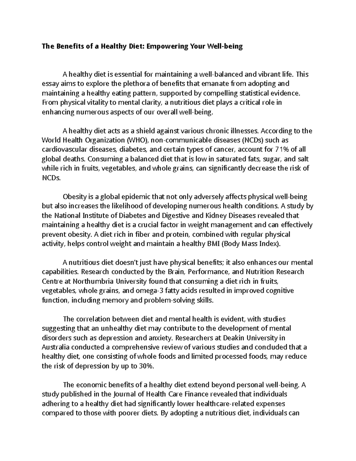 The Benefits of a Healthy Diet Empowering Your Well-being - This essay ...