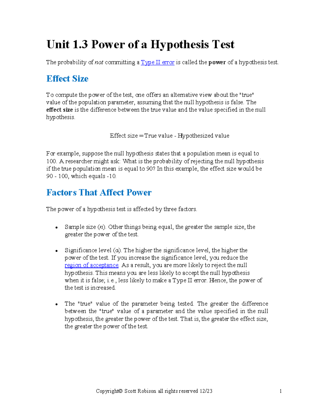Unit1.3 Power of the Test - Unit 1 Power of a Hypothesis Test The ...