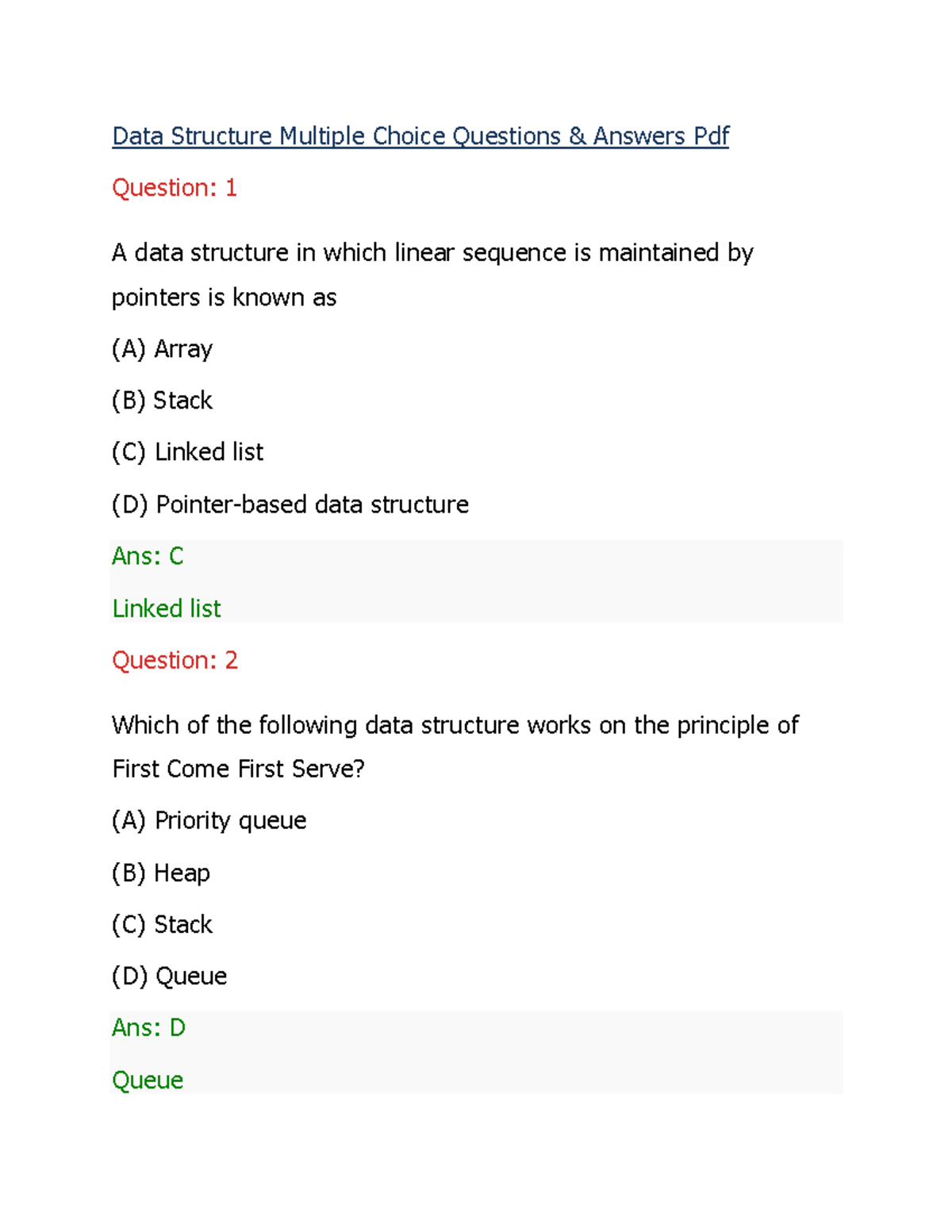 Data structure multiple choice questions - Data Structure Multiple Choice Questions & Answers ...