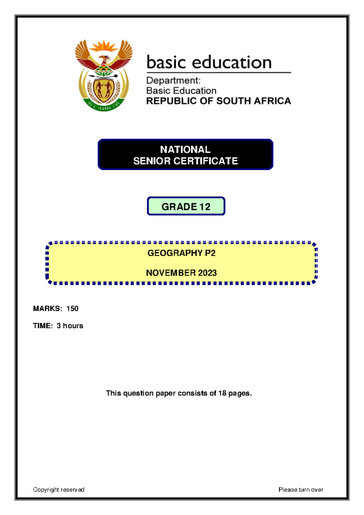Geography P2 Nov 2023 Eng - MARKS: 150 TIME: 3 hours This question ...