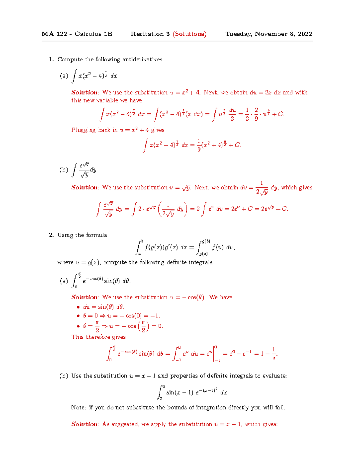 MA122 22F2 Rc3 sol - Professor: Denis Serbin - MA 122 - Calculus 1B Recitation 3 (Solutions ...