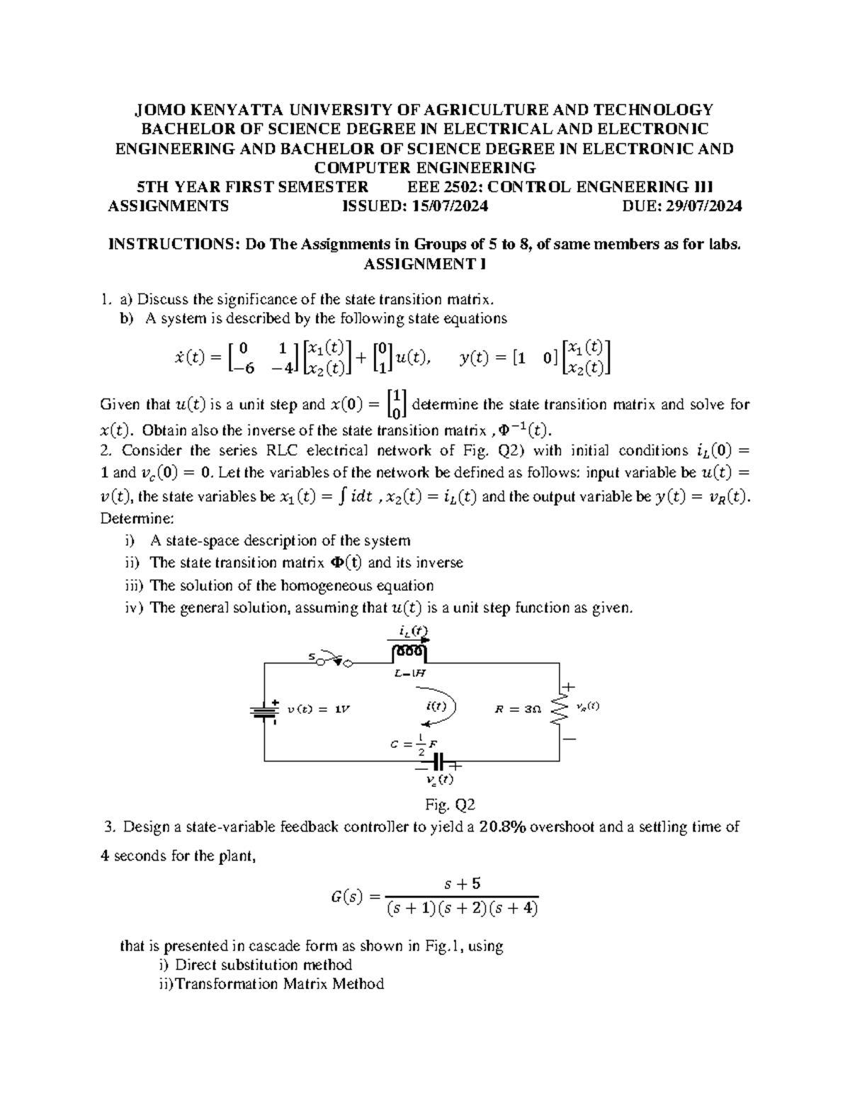 EEE2502- Control ENG III- Assignments - JOMO KENYATTA UNIVERSITY OF ...